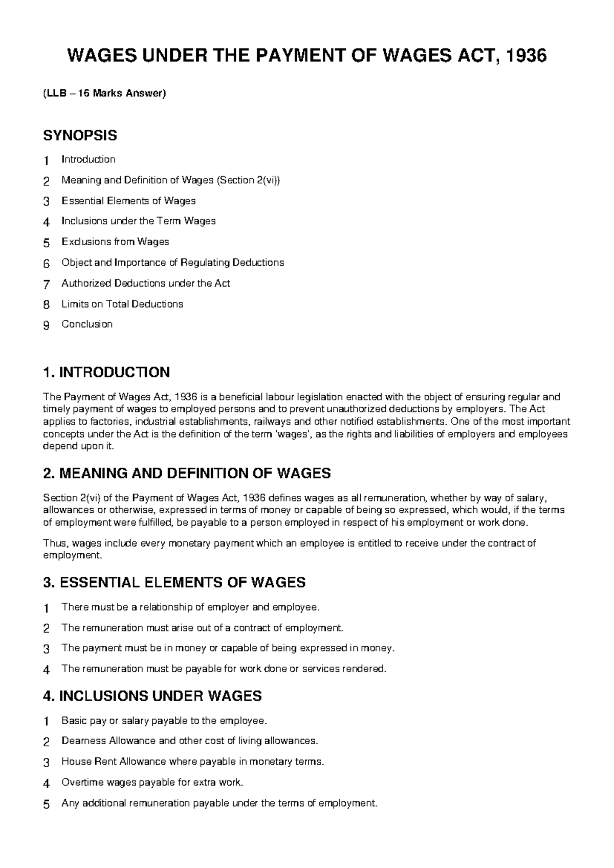 Wages Under the Payment of Wages Act, 1936 (LLB 16 Marks Synopsis ...