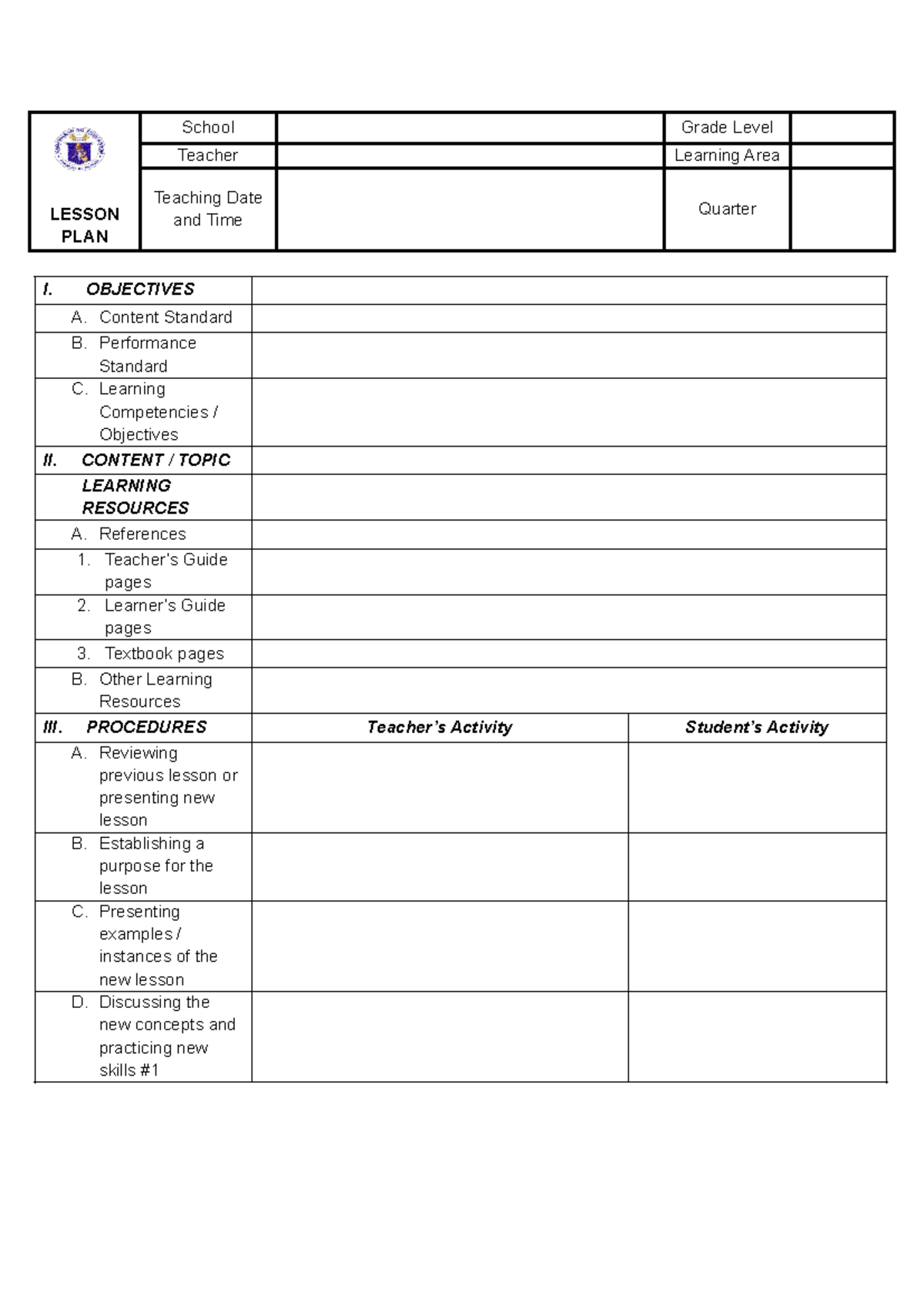 DO 42 Lesson Plan Format Guide for Teaching Strategies - Studocu