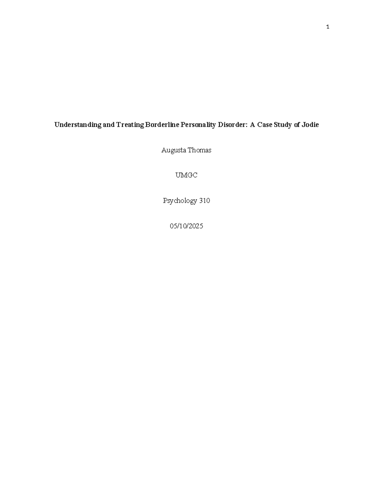 Psychology 310: Case Study on Understanding Borderline Personality ...