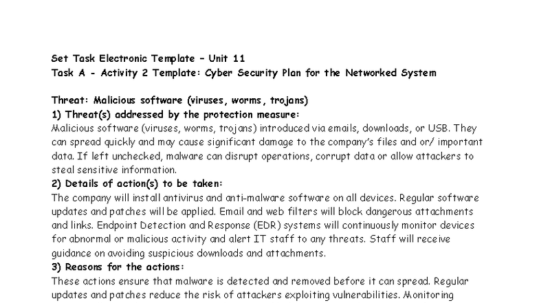 Unit 11 Task A: Cyber Security Plan Template for Network Threats - Studocu