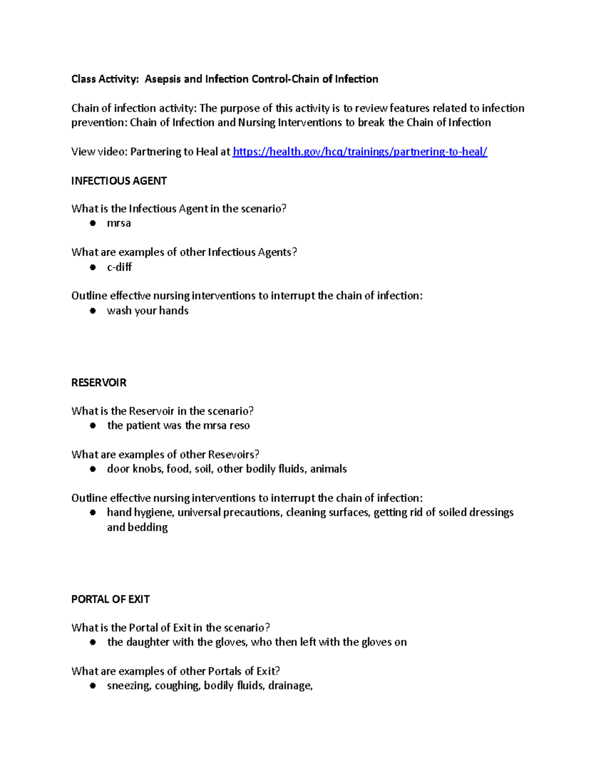 Class Activity: Infection Control Chain of Infection Worksheet-Asepsis ...