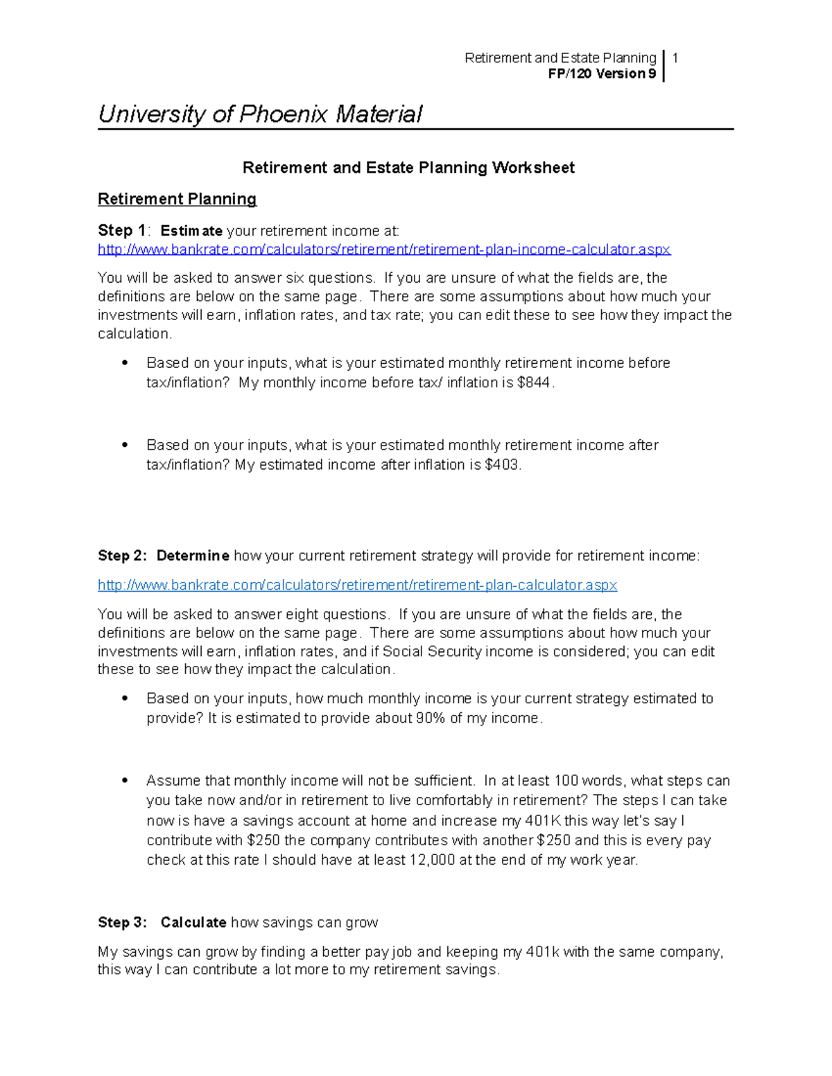 FP120 r9 Retirement and Estate Planning Worksheet Guide - Studocu