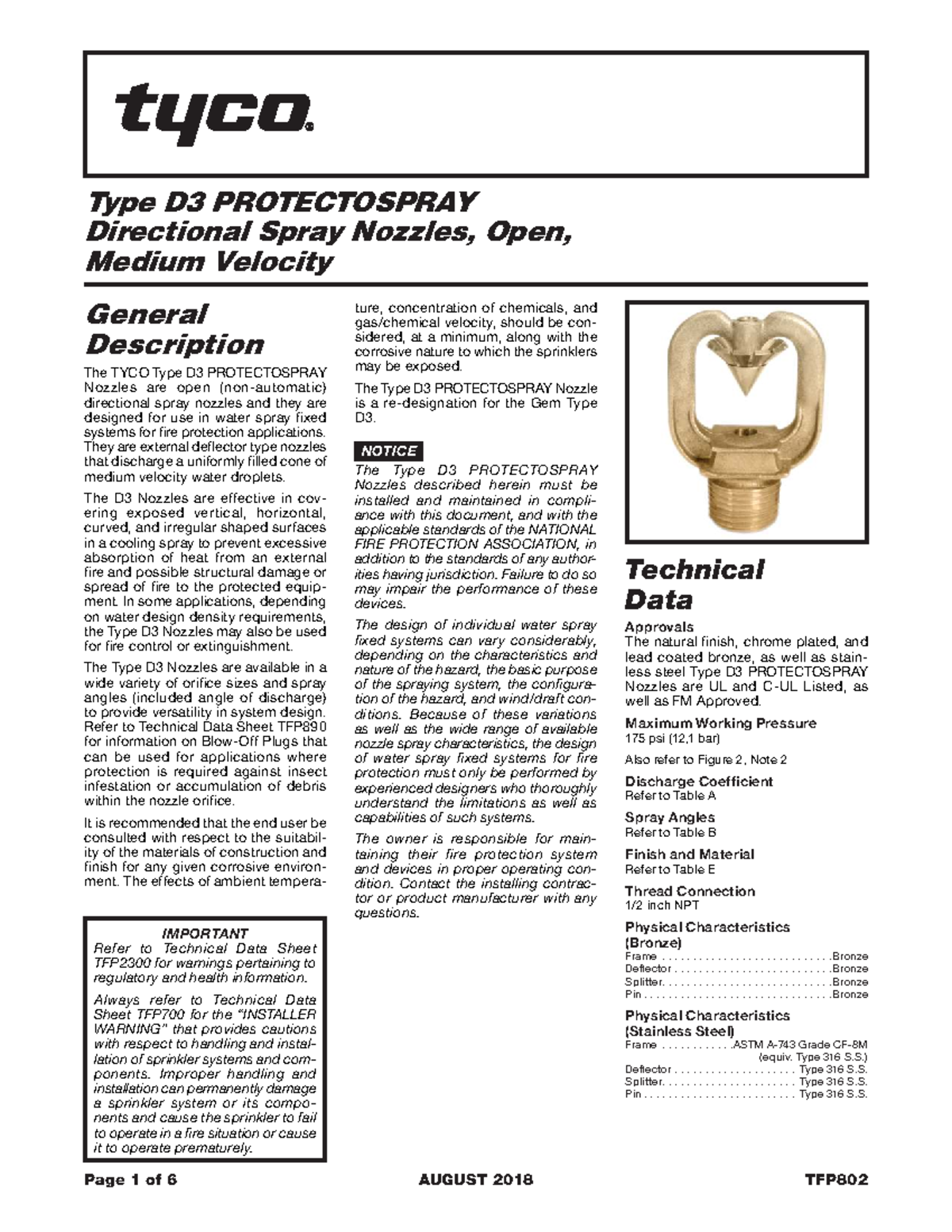 Tyco Type D3 PROTECTOSPRAY Nozzles Overview (TFP802) - Studocu