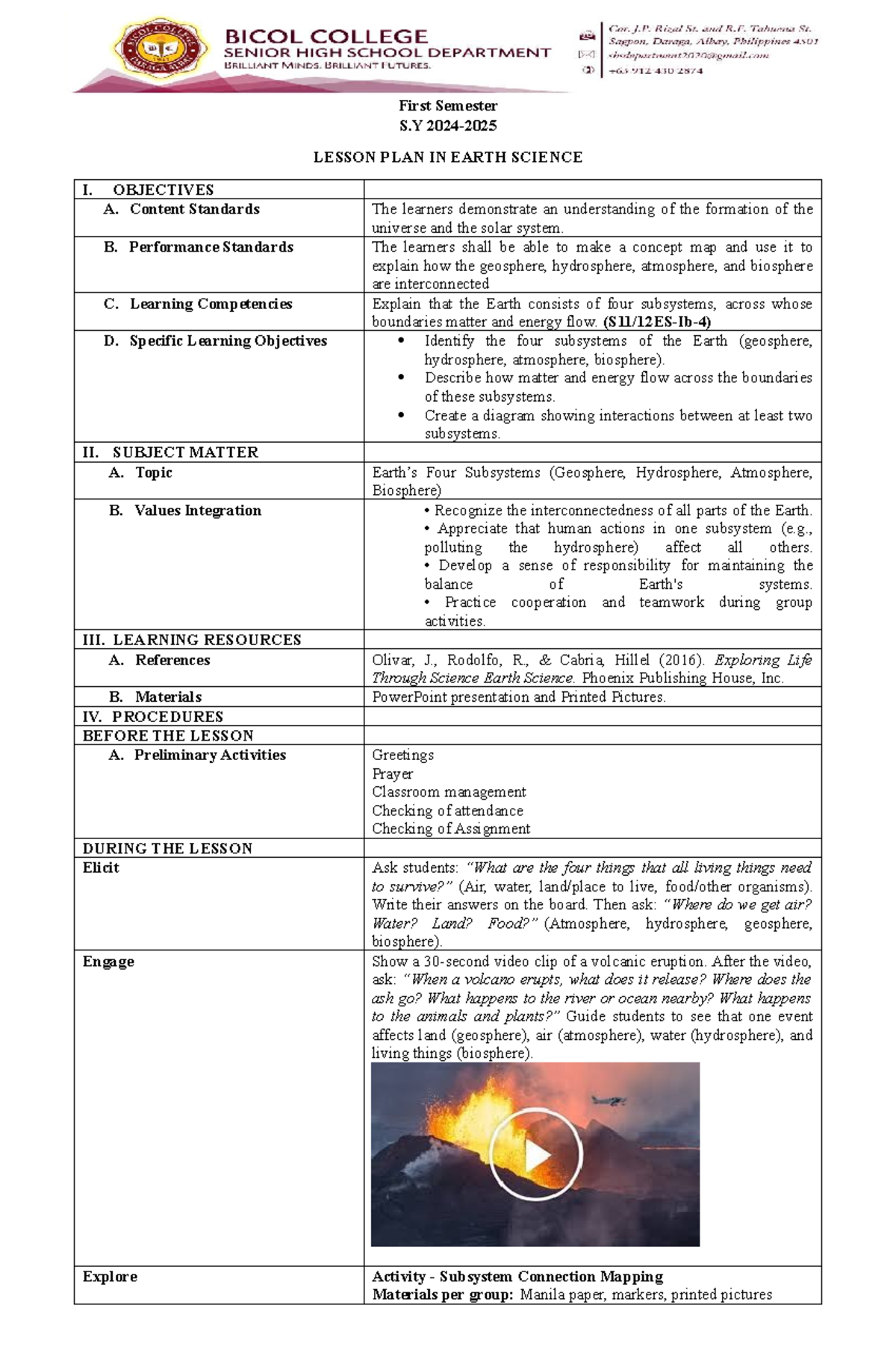 LP 2 ES 1st Q 1st Sem 2024-2025: Earth Science Lesson Plan on ...