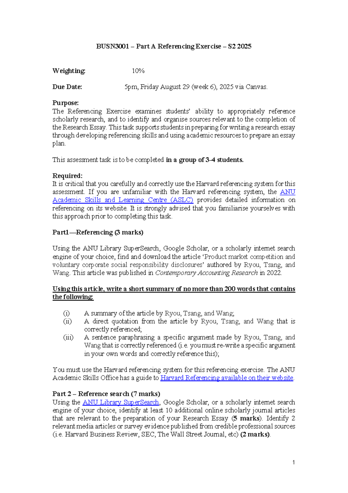 BUSN3001 Referencing Exercise Guidelines S2 2025 - Studocu