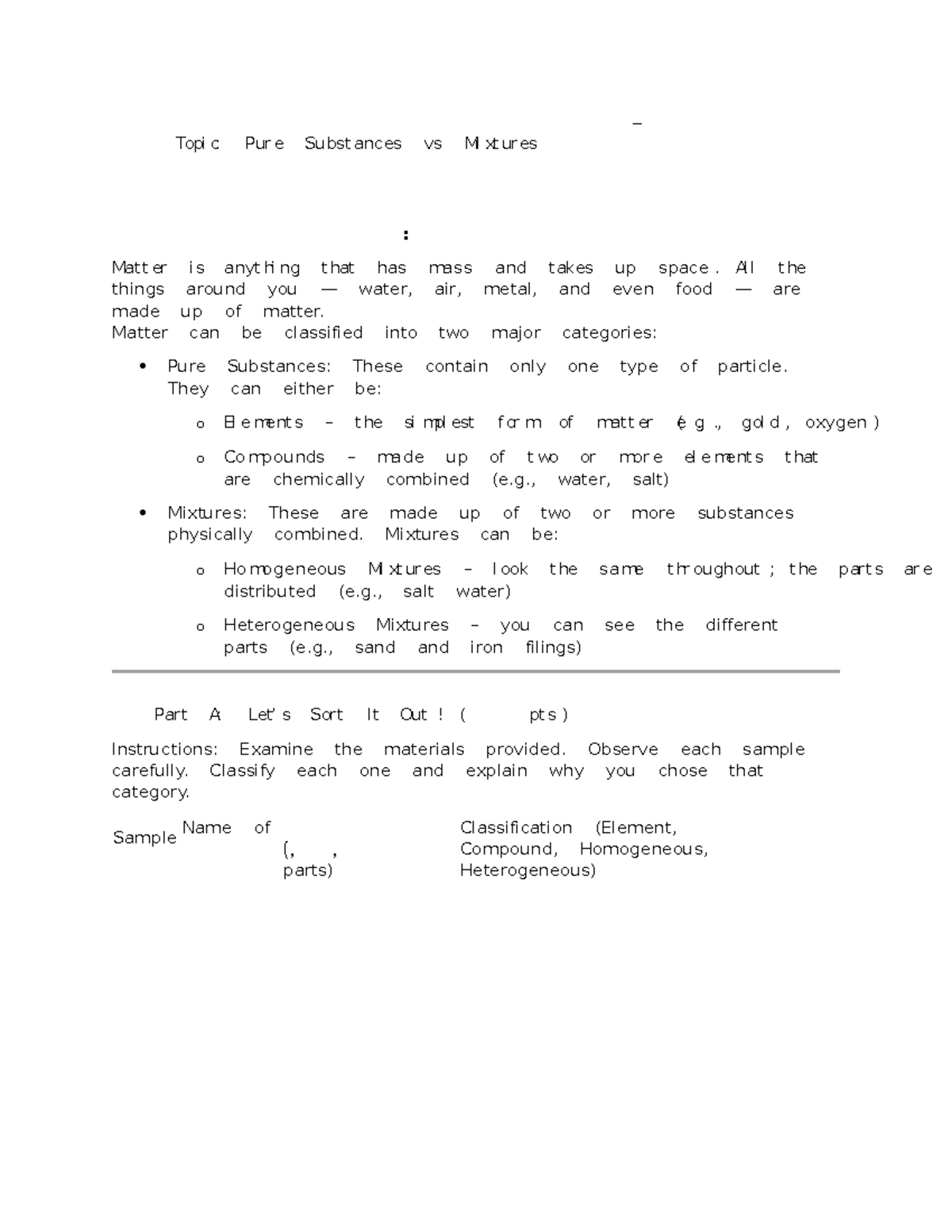 Grade 7 - Activity 3: Pure Substances vs Mixtures Overview - Studocu