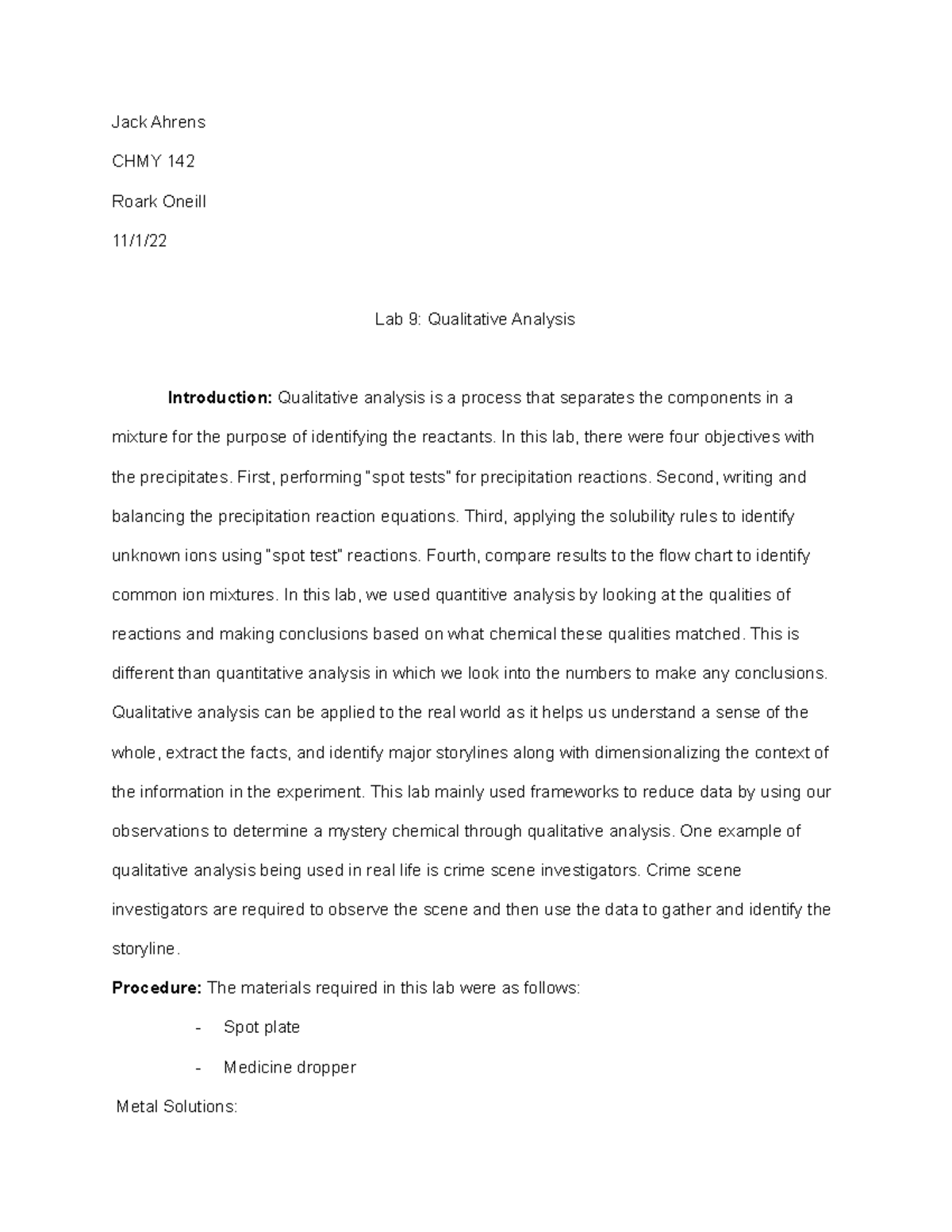 CHMY 142 Qualitative Analysis Lab Report: Procedures & Results - Studocu