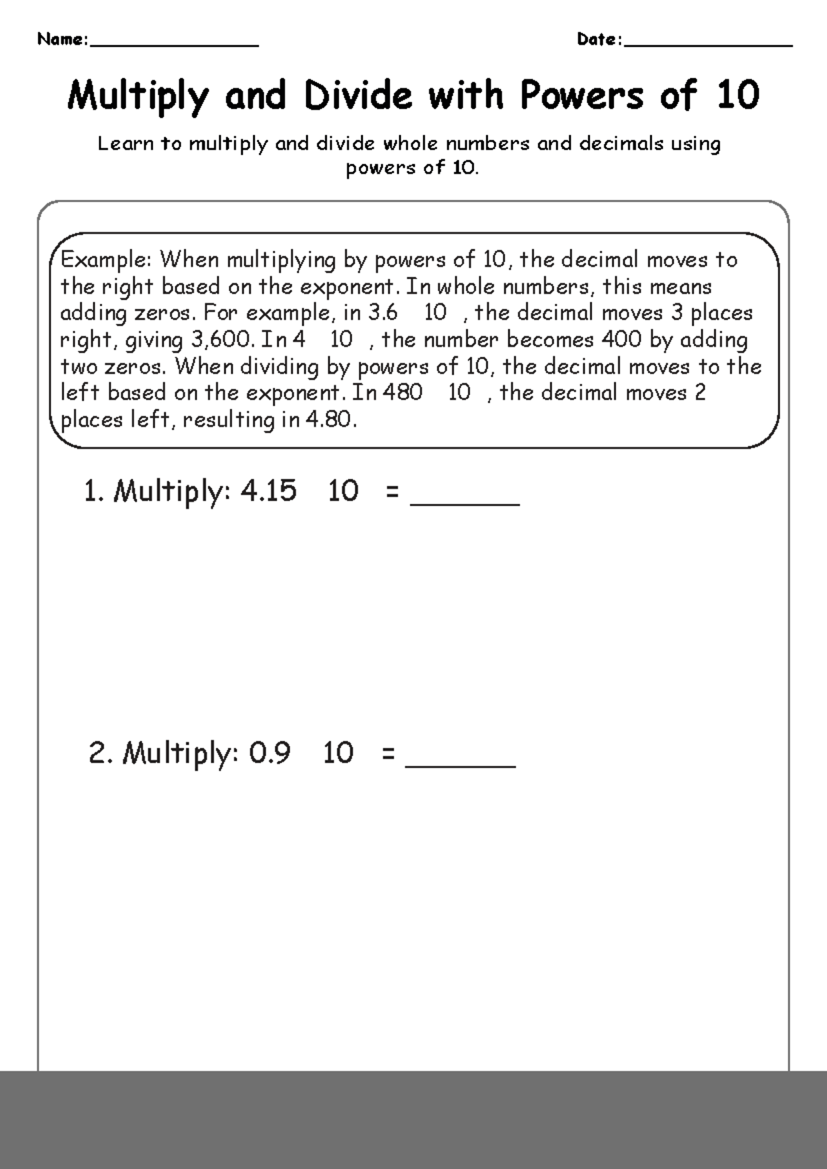 Multiplying and Dividing by Powers of 10 - 5th Grade Worksheet - Learn to multiply and divide ...
