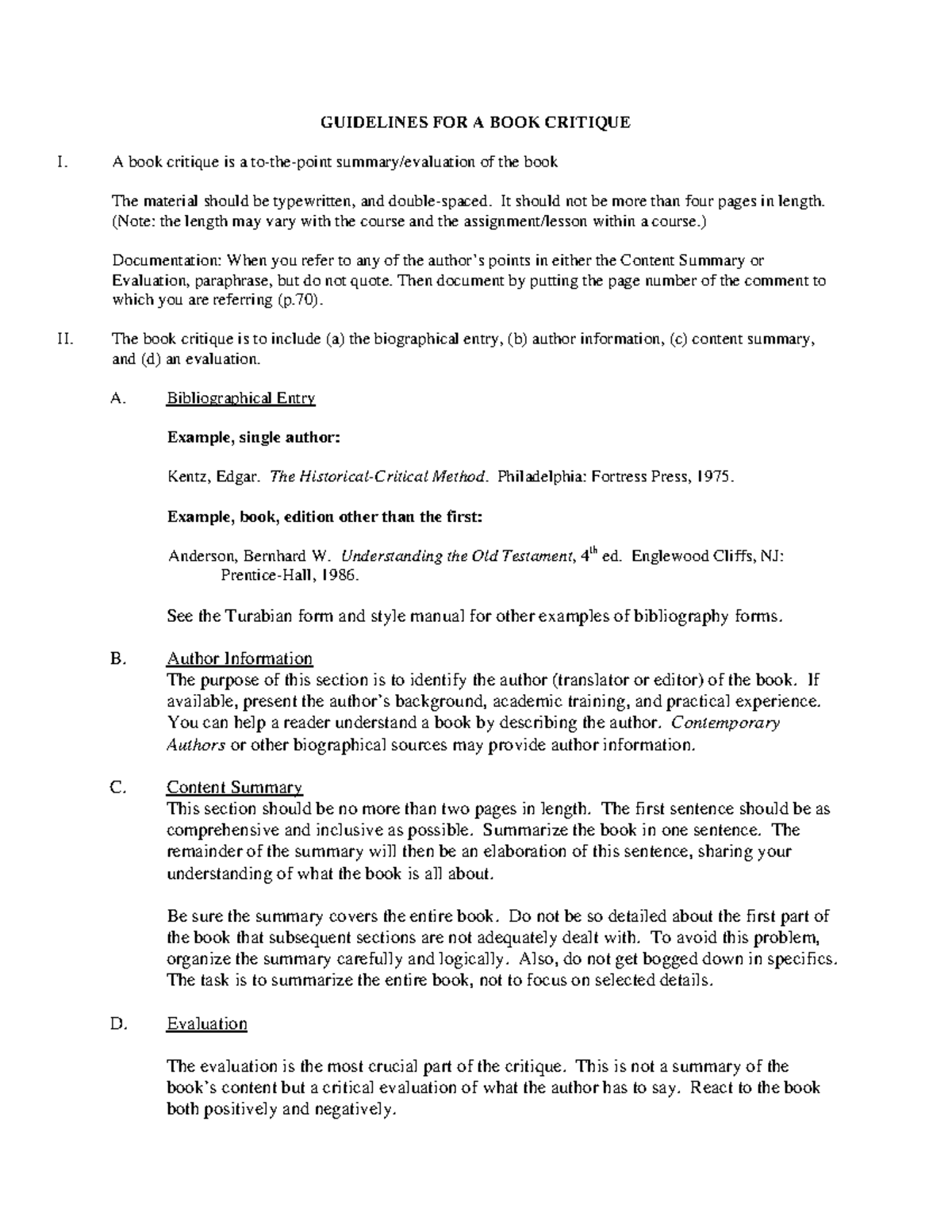 GUIDELINES FOR BOOK CRITIQUE: STRUCTURE & EVALUATION - Studocu