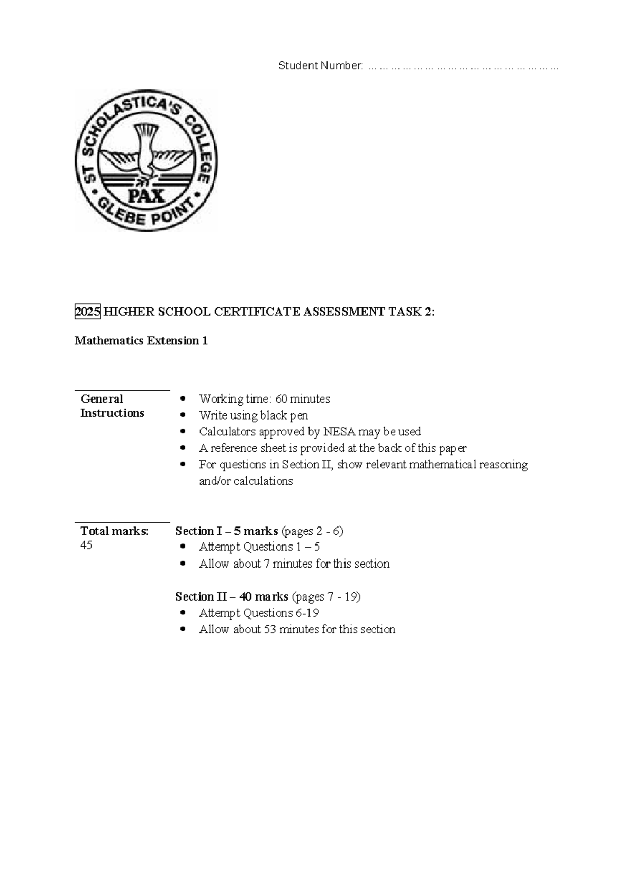 2025 HSC Mathematics Ext 1 Assessment Task 2: Exam Details - Studocu