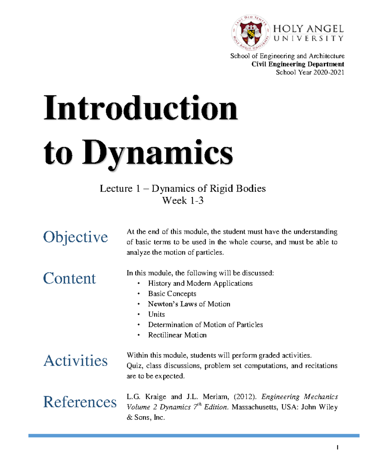 Lecture 1 Introduction to Dynamics - School of Engineering and ...