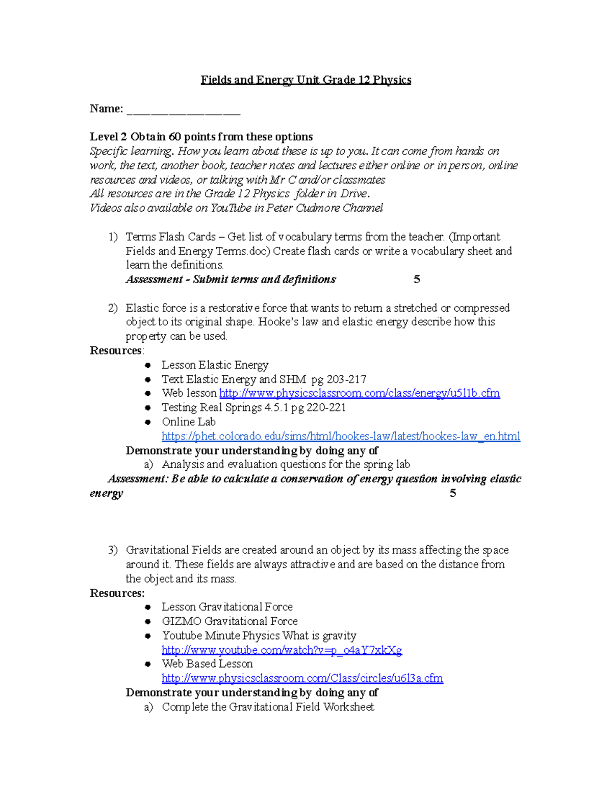 Grade 12 Physics: Fields and Energy Unit Study Guide - Studocu