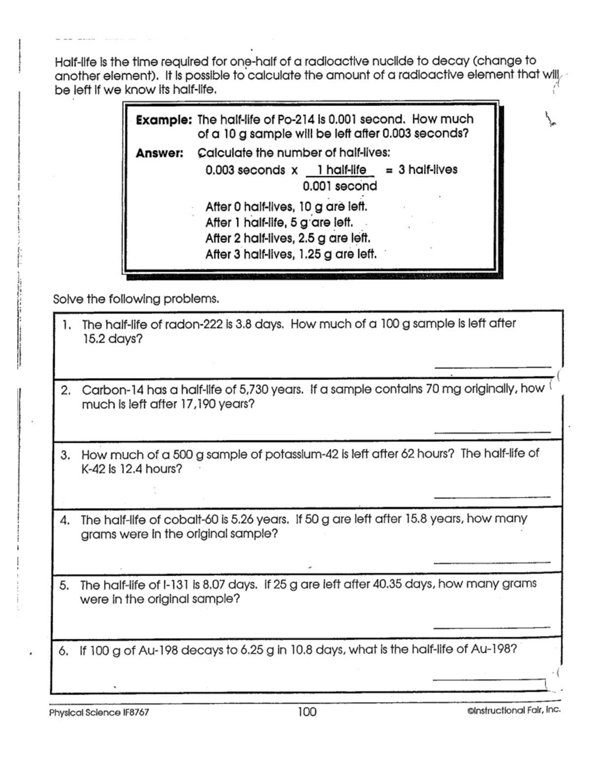 Half Life Calculations Worksheet