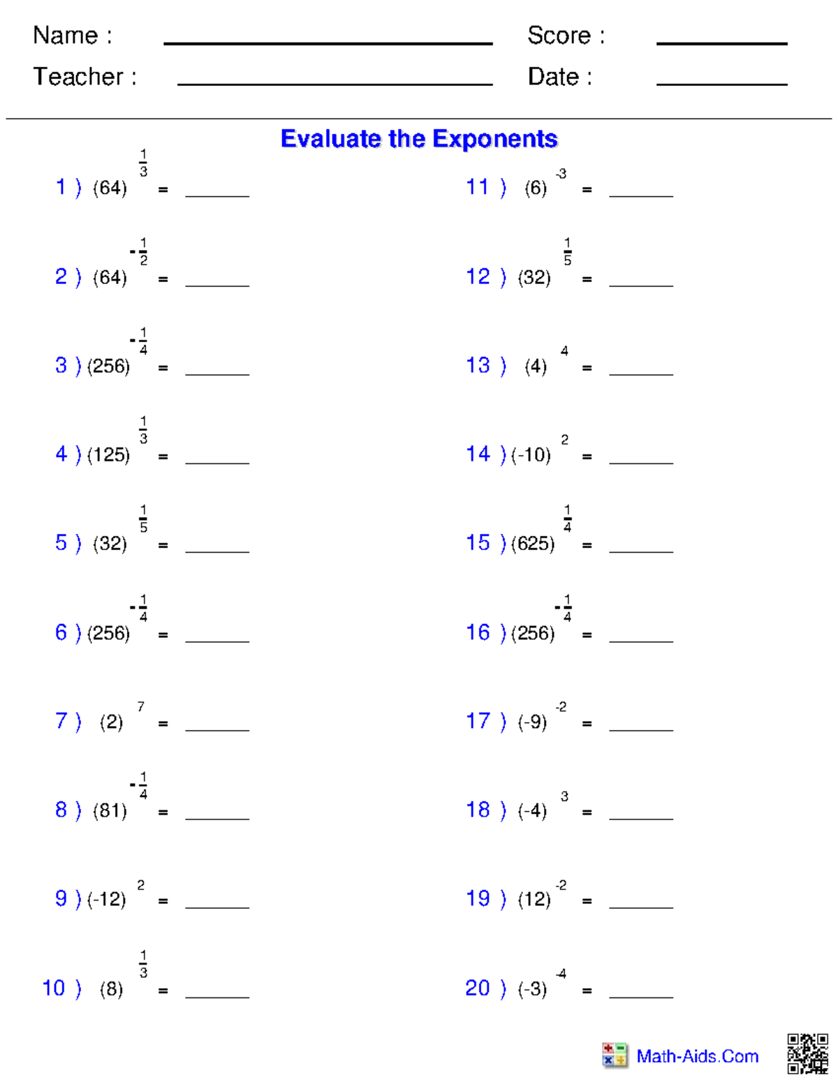 Exponents Evaluation Quiz - Math 101 - Studocu