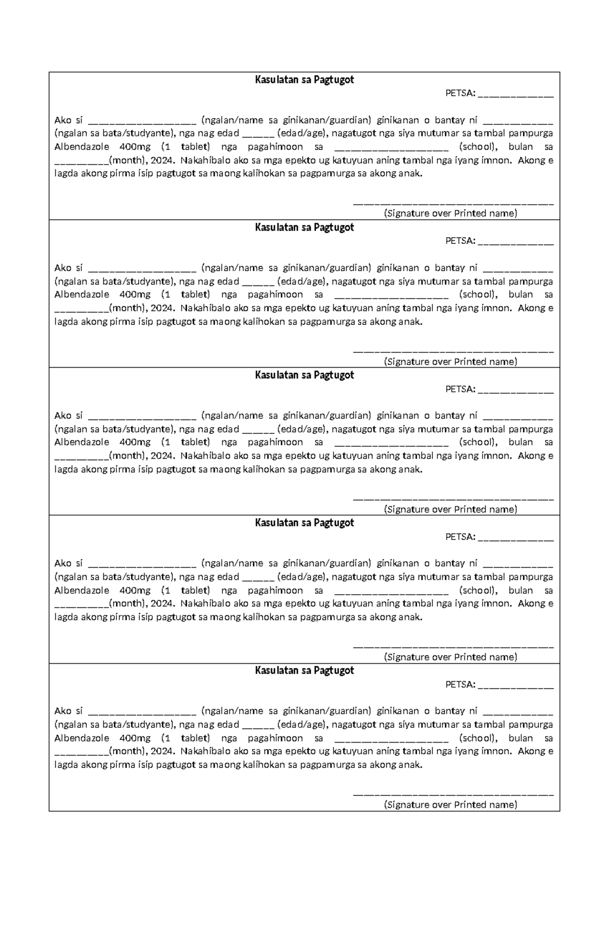Kasulatan sa Pagtugot sa Pamutang sa Pagpamurga para sa Albendazole ...