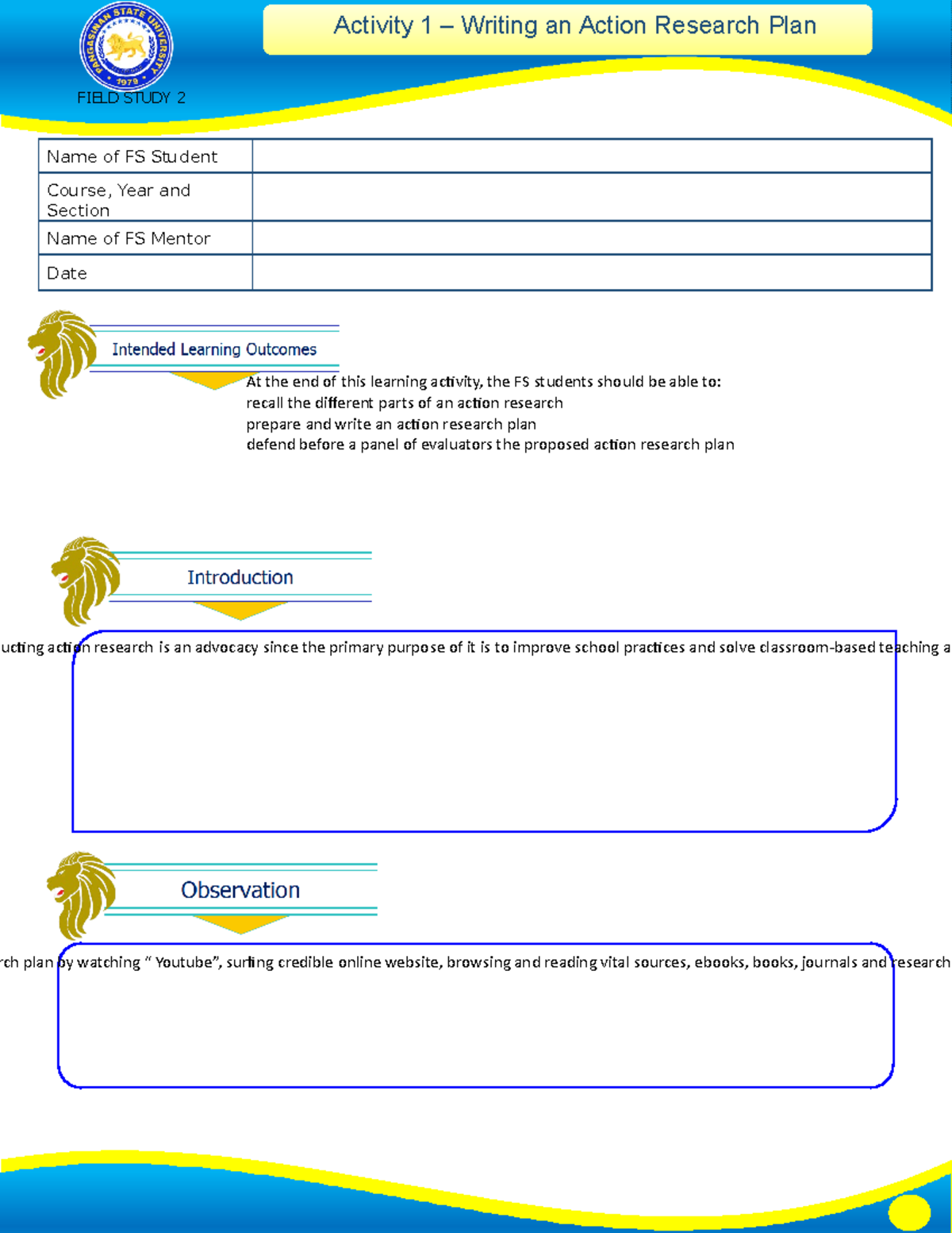 FS2 Action Research Plan: Writing, Components & Reflections Guide - Studocu