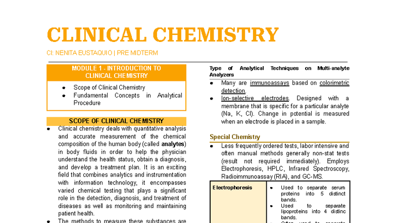 CLINICAL CHEMISTRY CI: PRE MIDTERM MODULE 1 STUDY NOTES - Studocu
