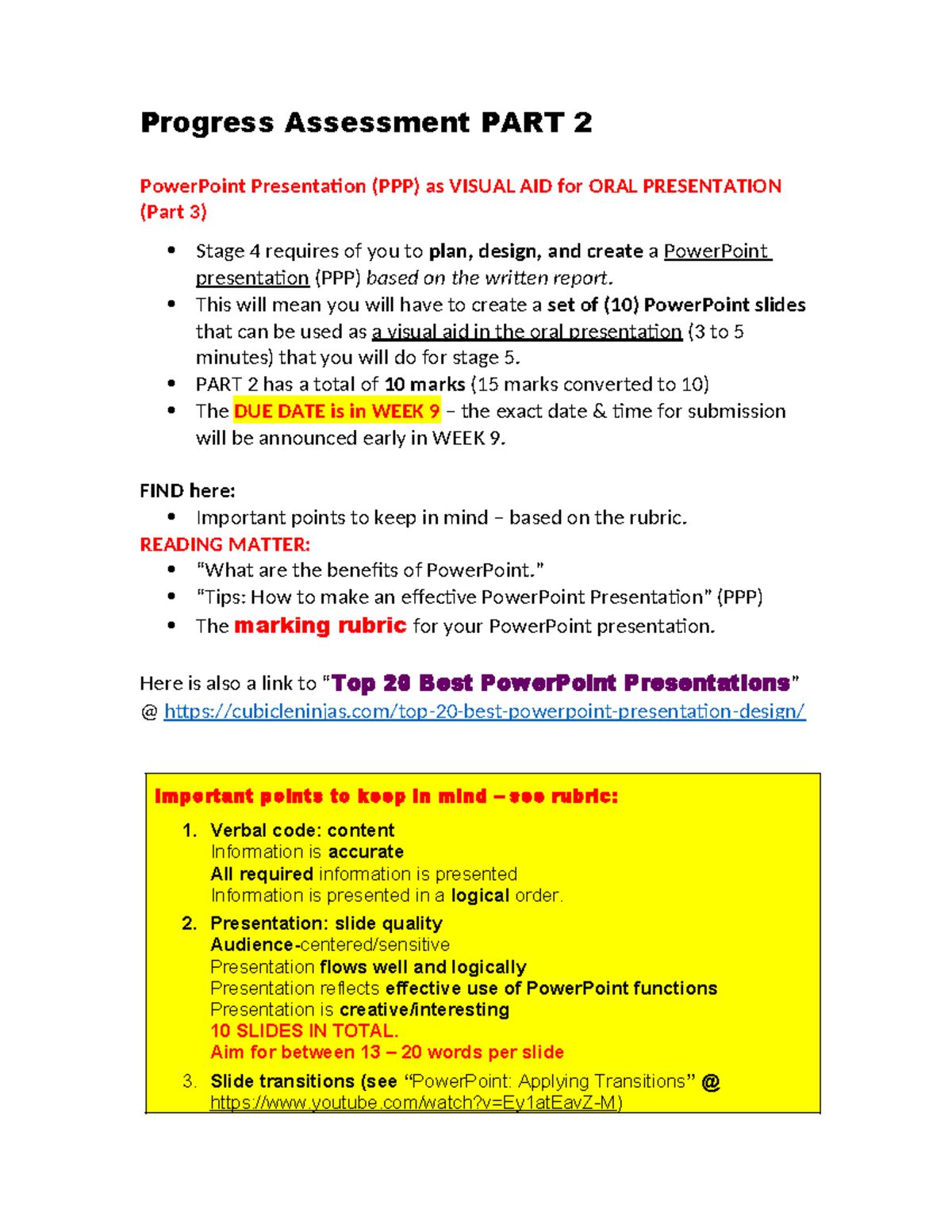 PART 2 Progress Assessment: PowerPoint Guidelines & Rubric - Studocu