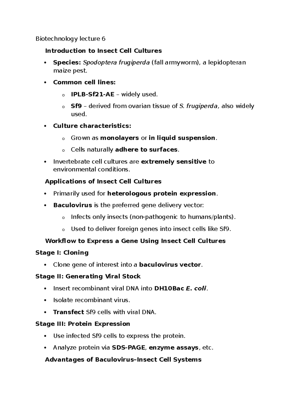 Biotechnology Lecture 6: Insect Cell Cultures & Applications - Studocu