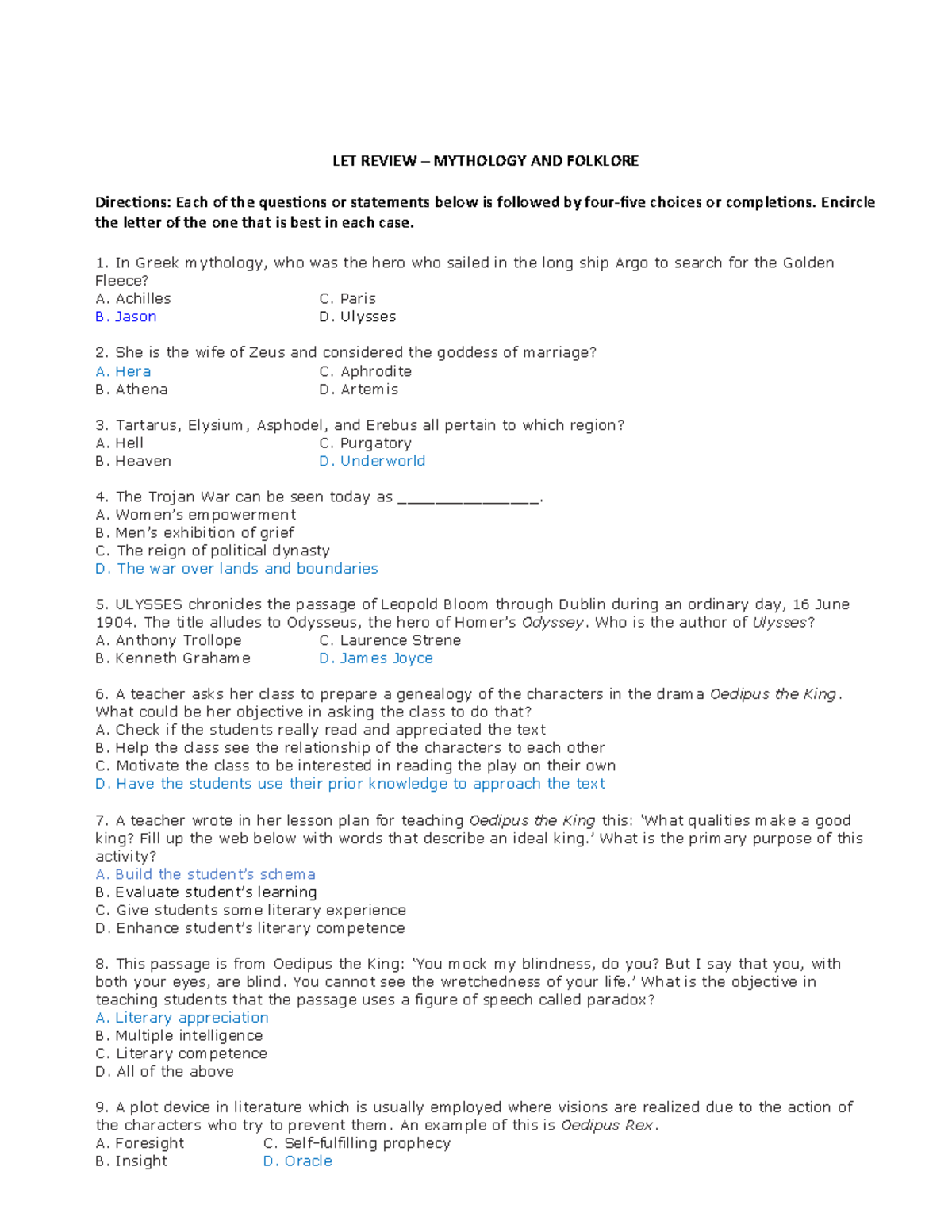 LET REVIEW MYTHOLOGY AND FOLKLORE EXERCISES (LET) - Studocu