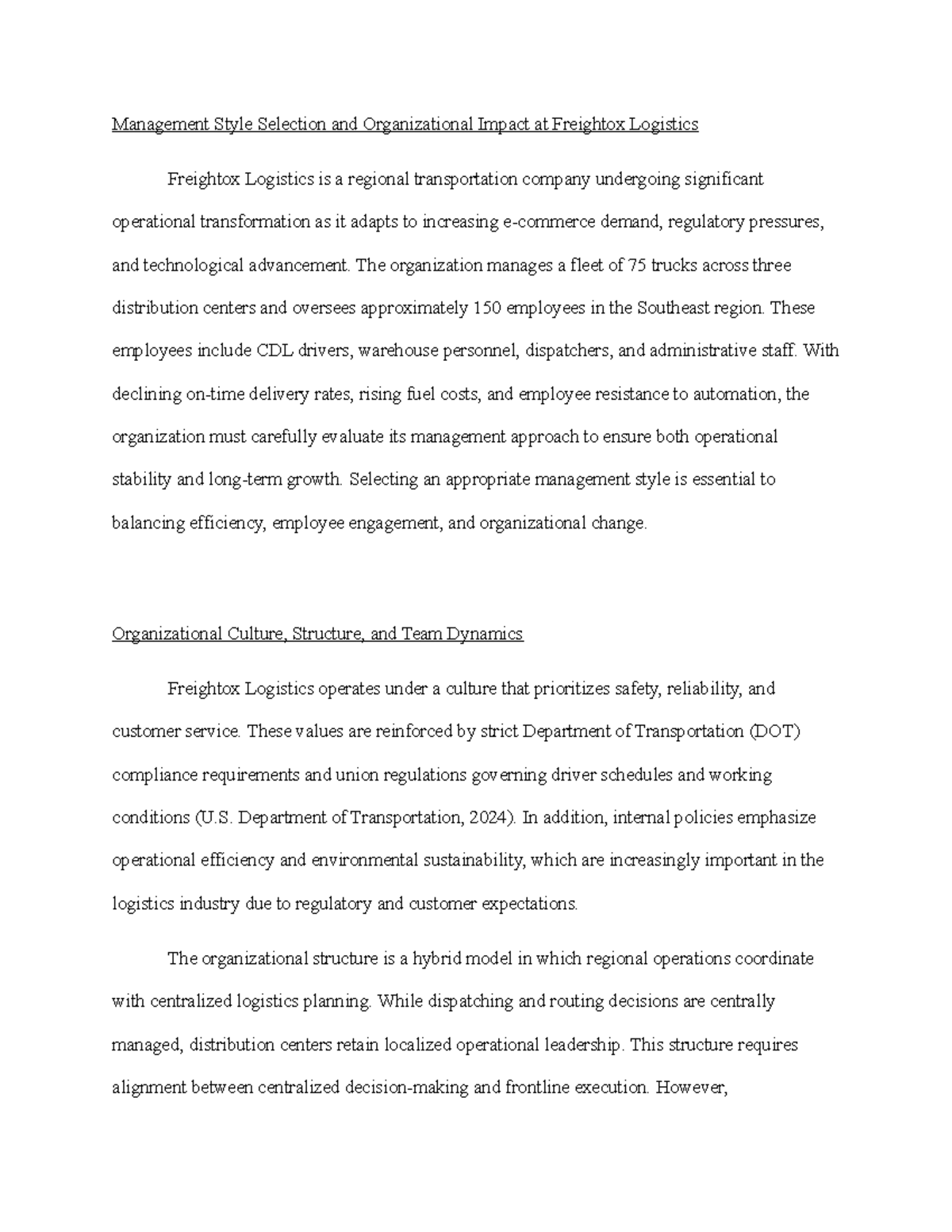 OL-215 Project One: Management Style Selection & Impact at Freightox ...