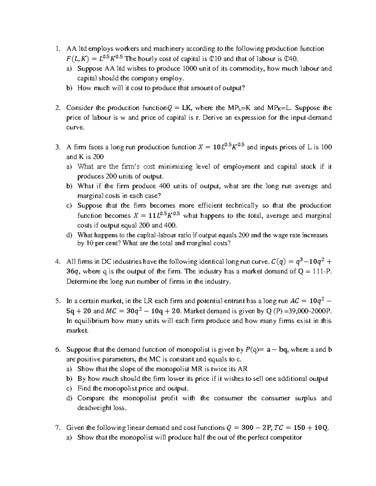 ECO 301 Tutorials - Dr Joshua - AA ltd employs workers and machinery ...