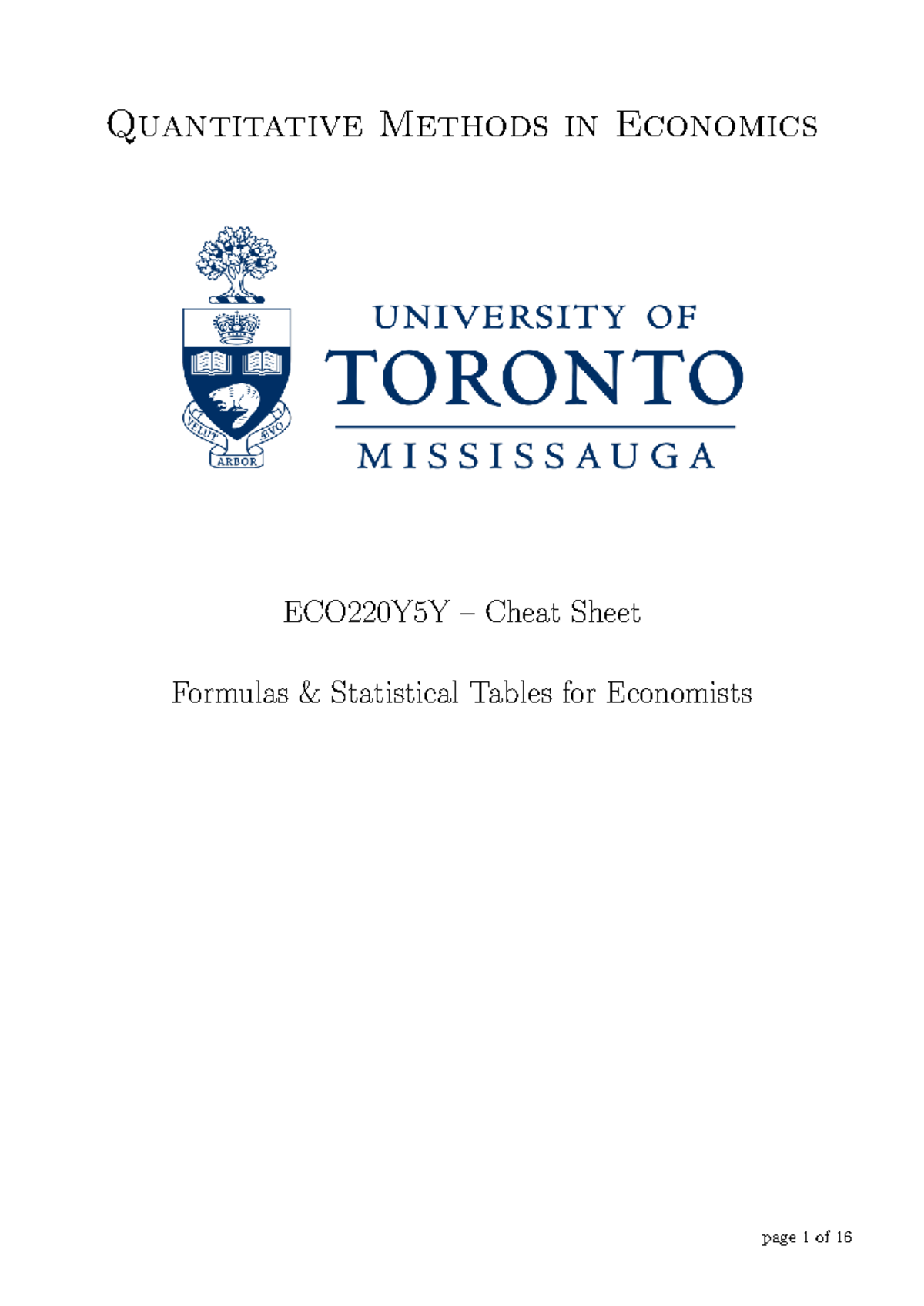 ECO220Y5Y Quantitative Methods Cheat Sheet: Key Formulas & Tables - Studocu