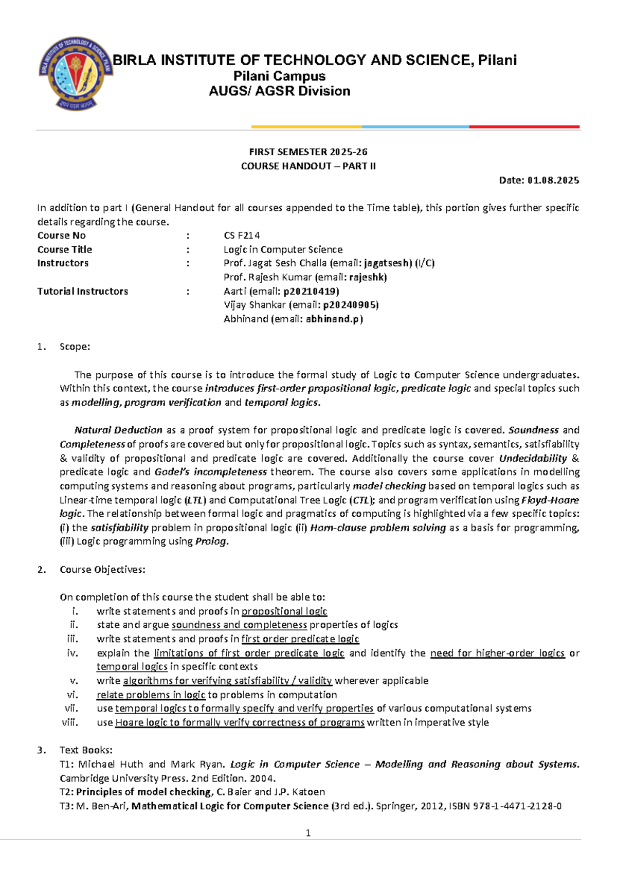 CS F214 Logic in Computer Science Course Handout Part II - Studocu