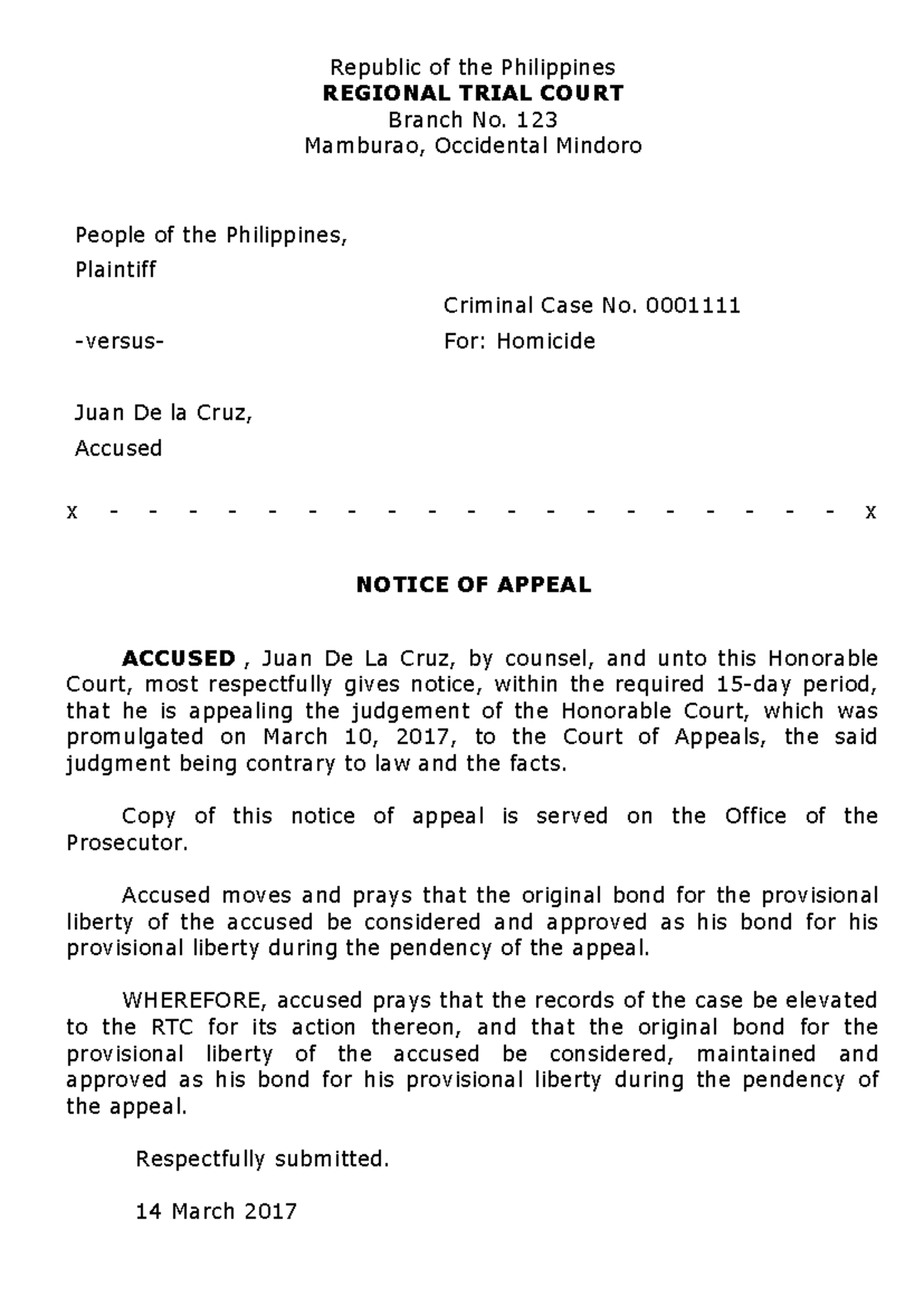 Notice of Appeal - Criminal Case No. 0001111 - RTC to CA - Studocu