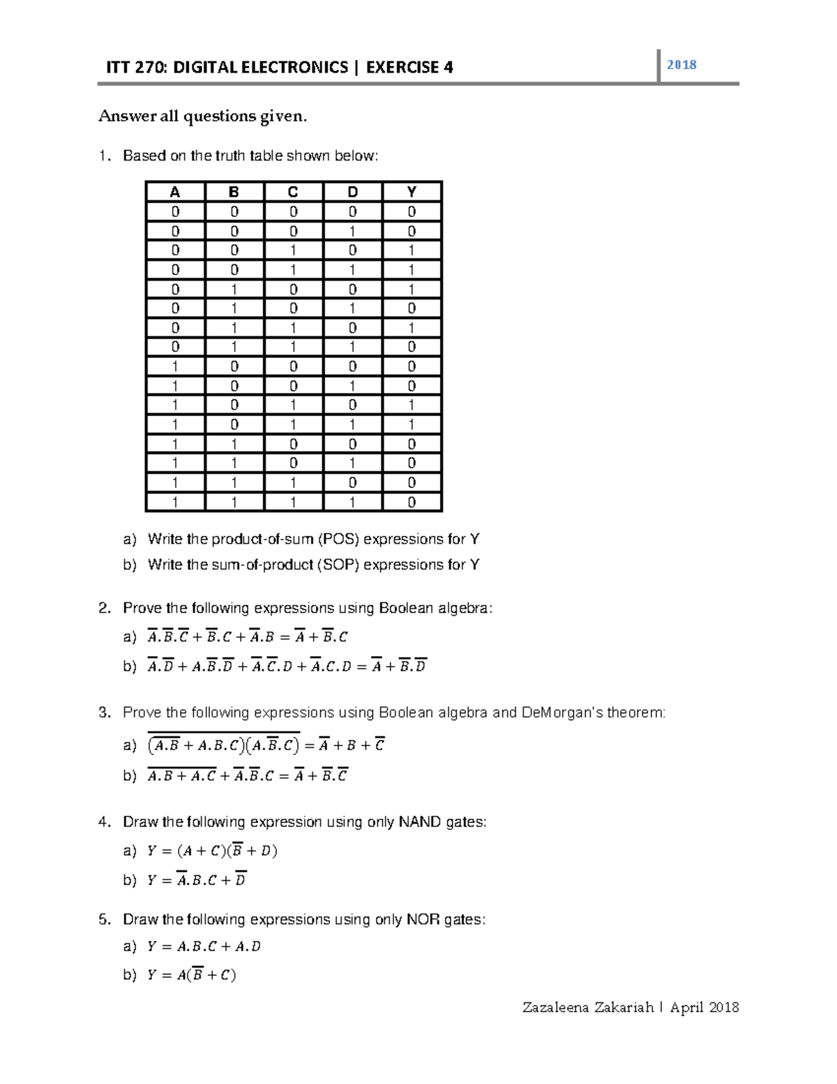 Exercise 4 ITT270 - tutorial - ITT 270: DIGITAL ELECTRONICS | EXERCISE 4 2018 Zazaleena Zakariah ...