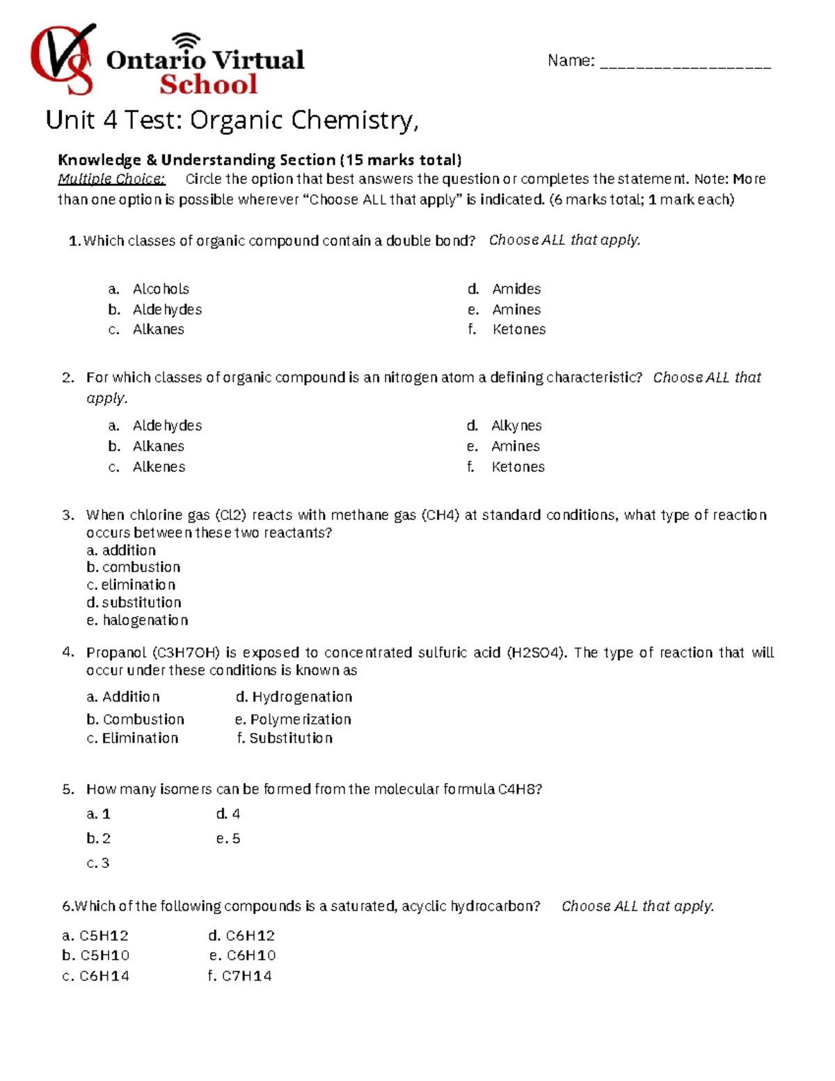 1710774200-Unit 4 Test-Organic Chemistry AS - Unit 4 Test: Organic ...
