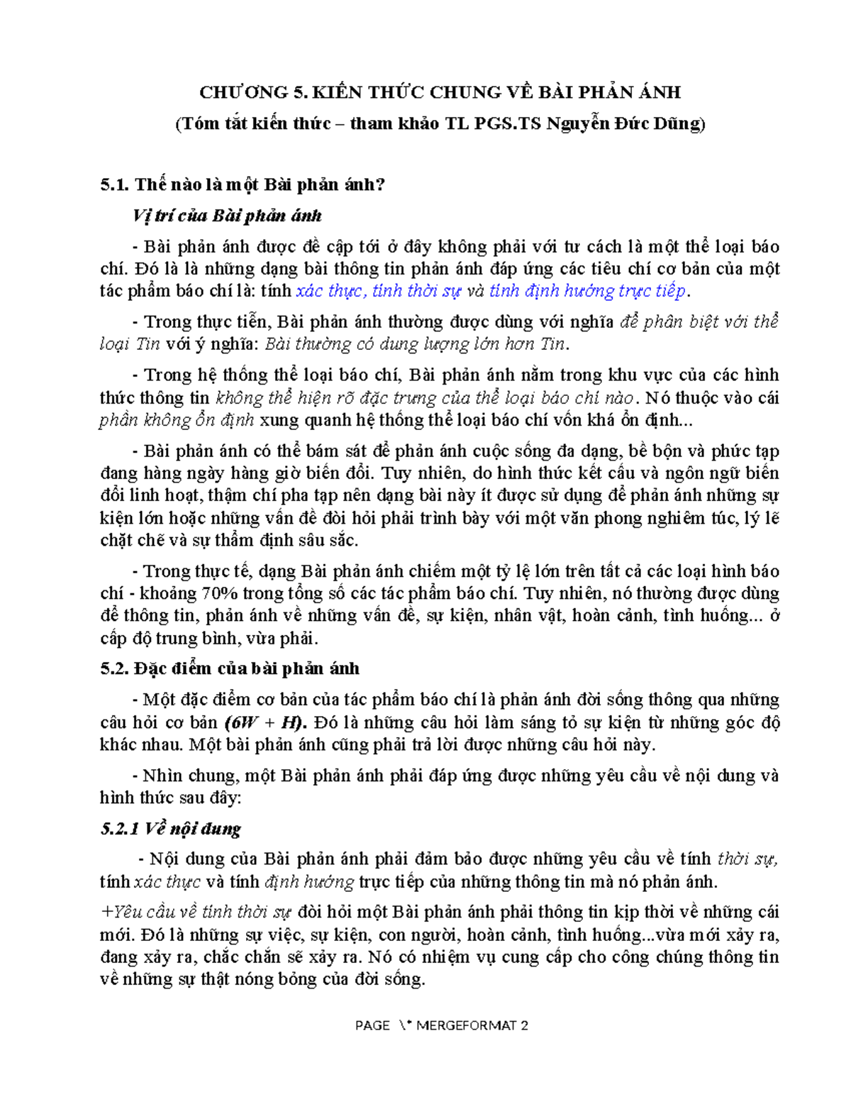 CHƯƠNG 5. KIẾN THỨC CHUNG VỀ BÀI PHẢN ÁNH (Tóm tắt TL PGS.TS Nguyễn Đức ...