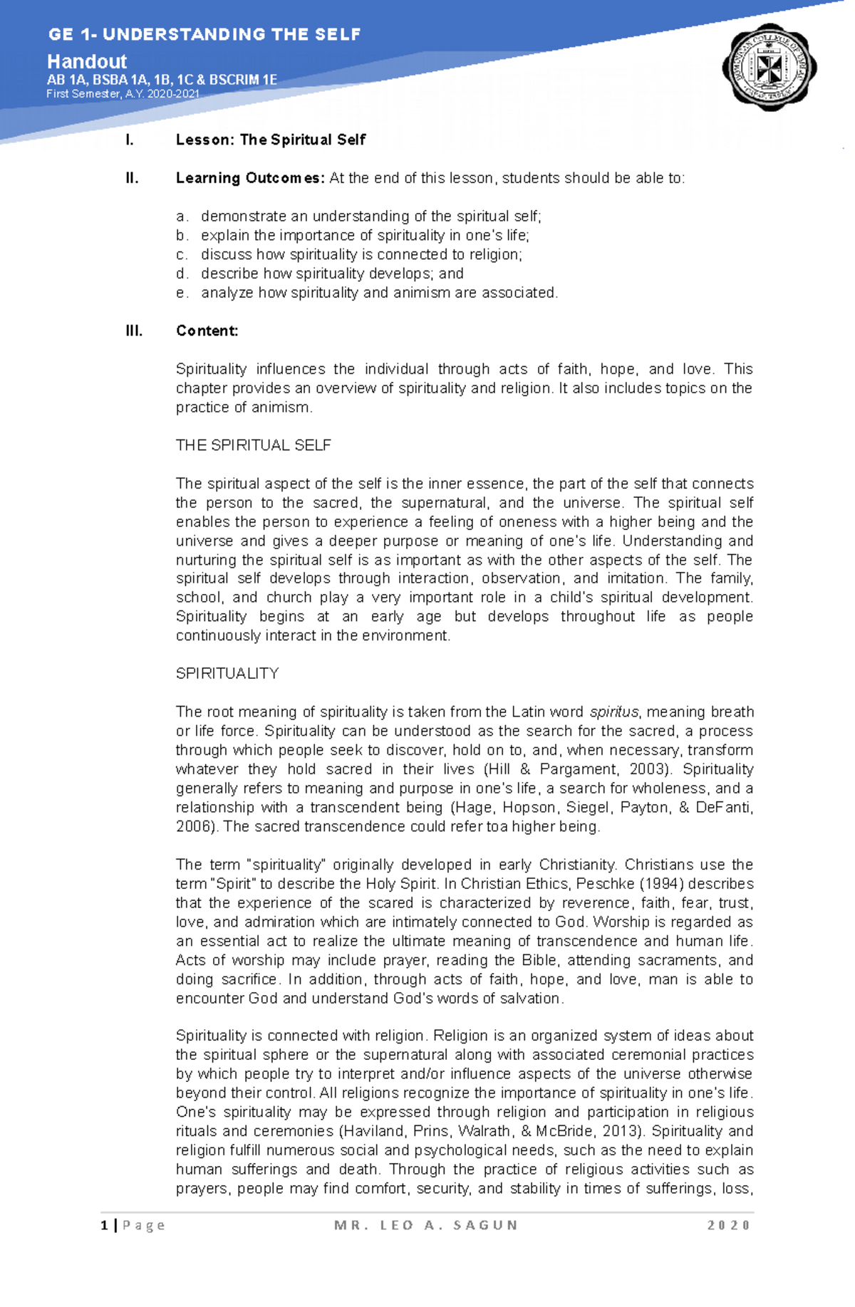 Module 9 THE Spiritual SELF - GE 1- UNDERSTANDING THE SELF I. Lesson: The Spiritual Self II ...