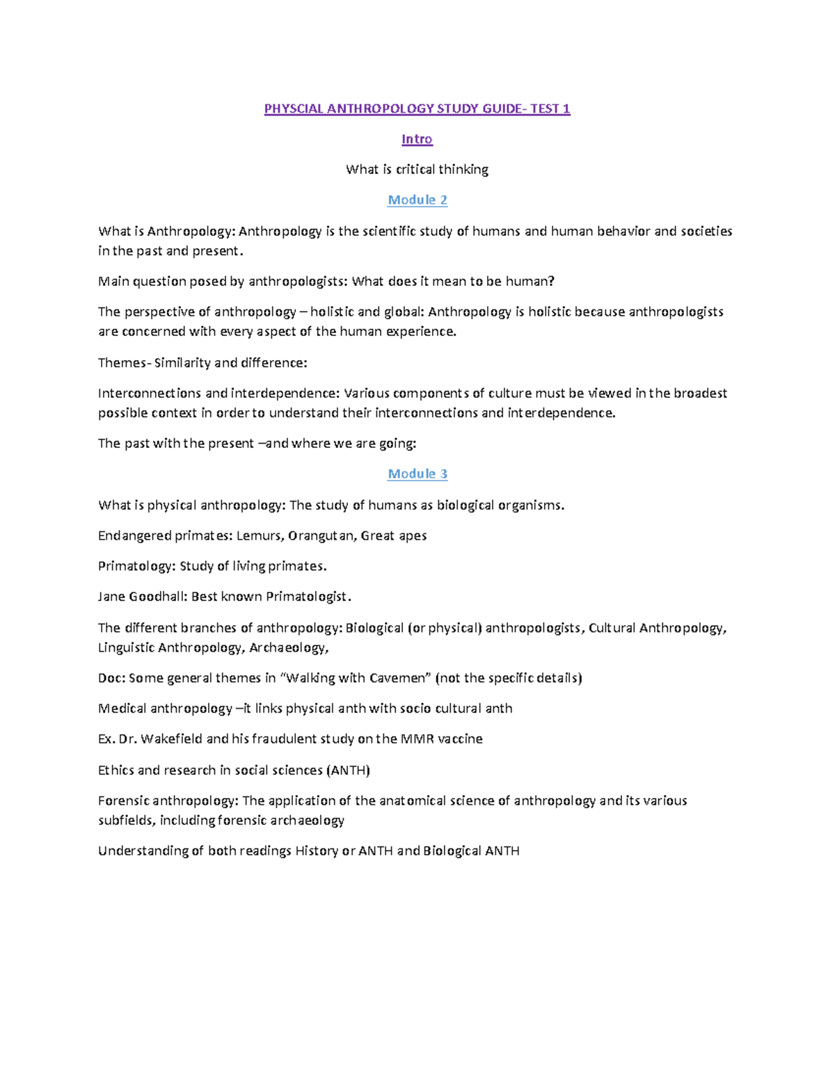 Anthro Test 1 - Practice Notes. - PHYSCIAL ANTHROPOLOGY STUDY GUIDE ...