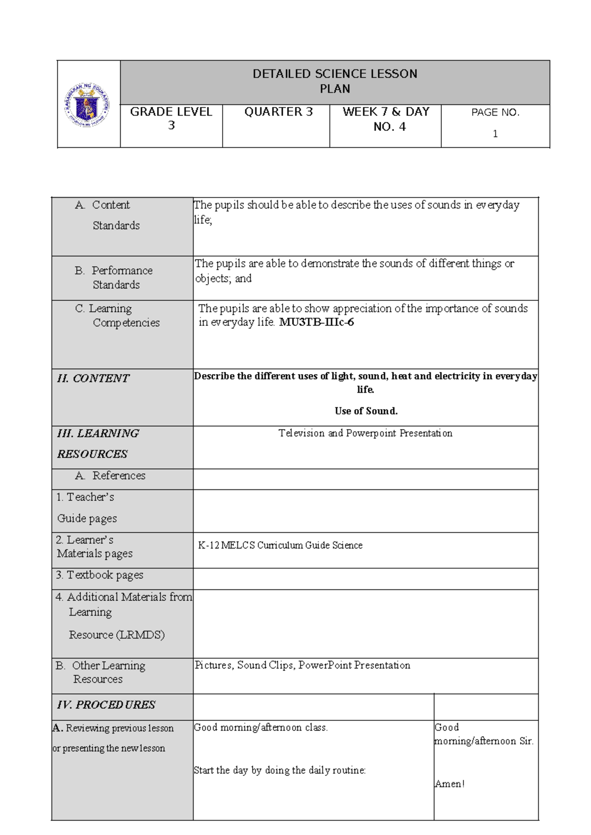 Grade 3 Science Lesson Plan on Sound Uses - Q3W7 No. 4 - Studocu