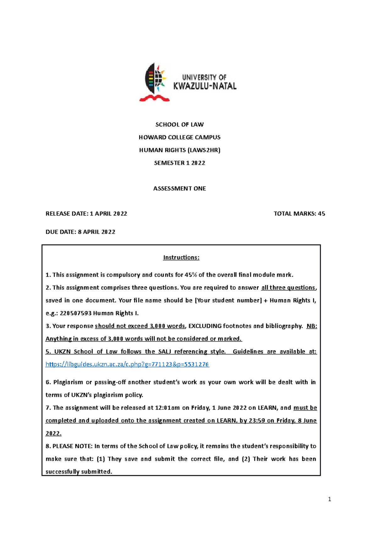 Human Rights Assignment I - SCHOOL OF LAW HOWARD COLLEGE CAMPUS HUMAN ...