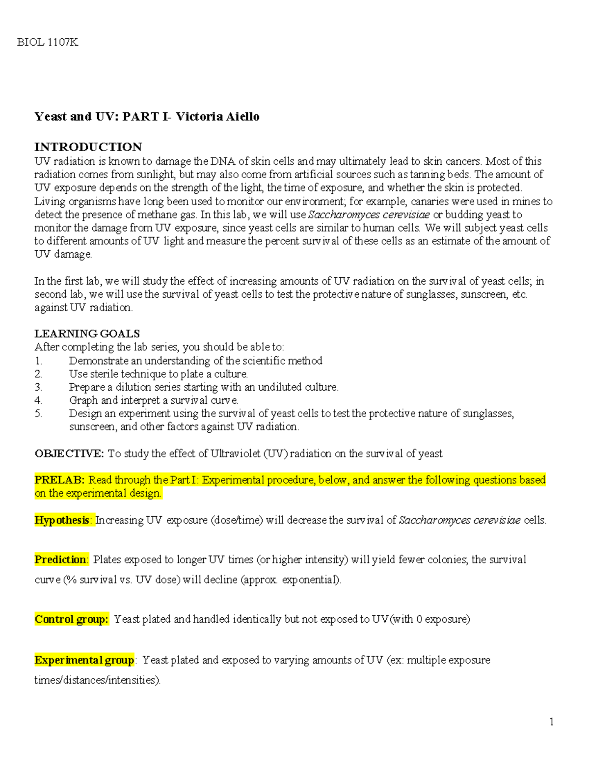 BIOL 1107K Pre-lab: Impact of UV Radiation on Yeast Survival - Studocu