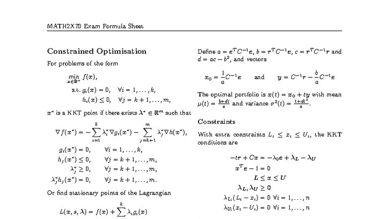 MATH2X70 Exam Formula Sheet: Constrained Optimisation & Portfolio ...
