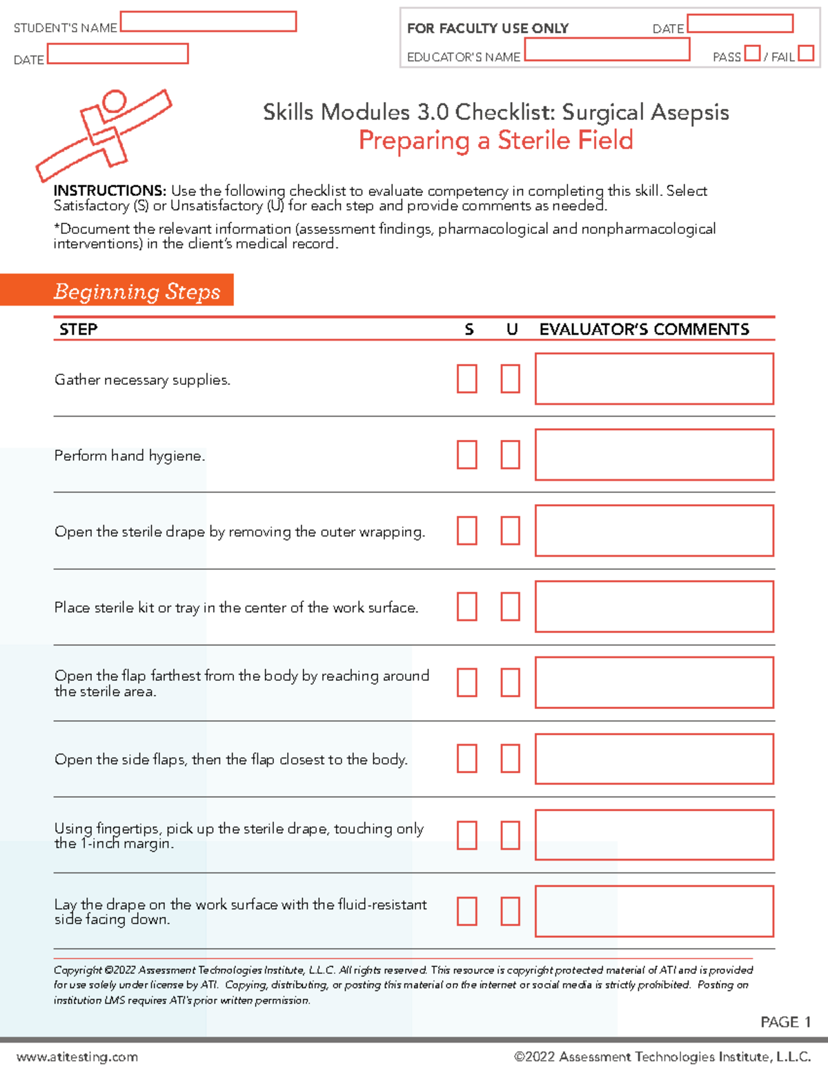 ATI Skills Module 3.0: Surgical Asepsis Checklist for Sterile Field ...