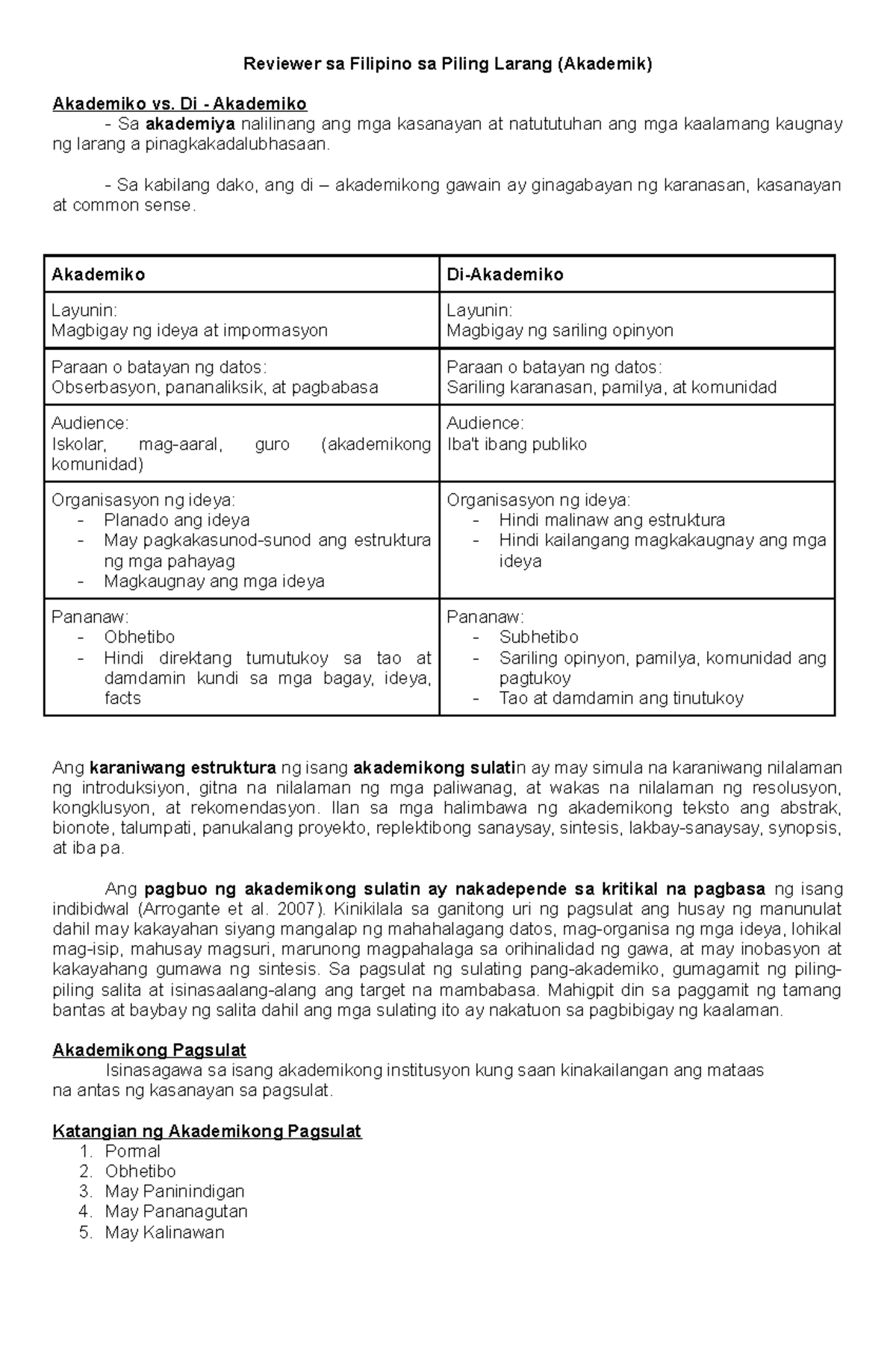 Reviewer sa Filipino-SA-Piling Larang: Akademiko vs. Di-Akademiko - Studocu