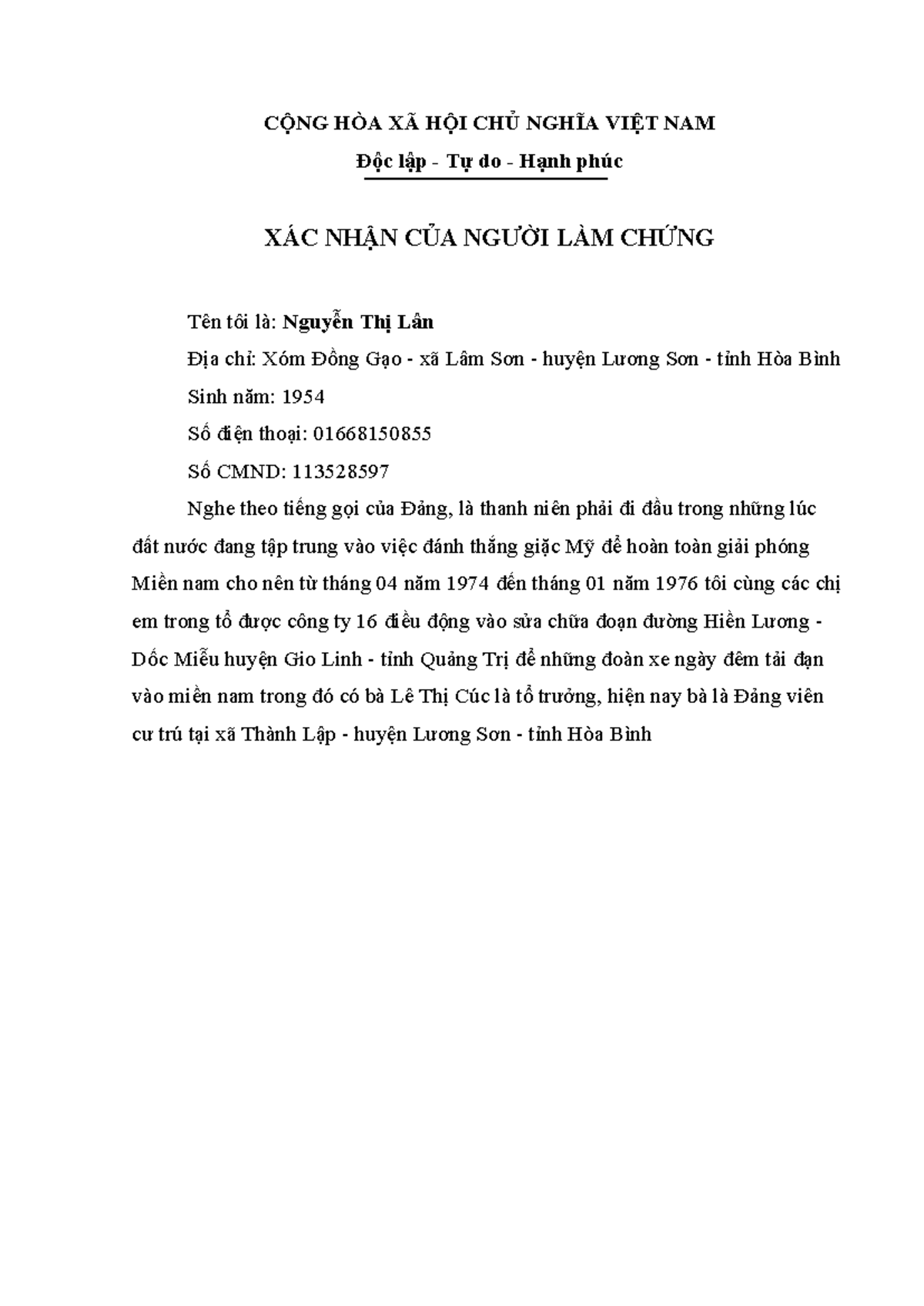 XÁC NHẬN CỦA NGƯỜI LÀM CHỨNG - Nguyễn Thị Lân - Studocu