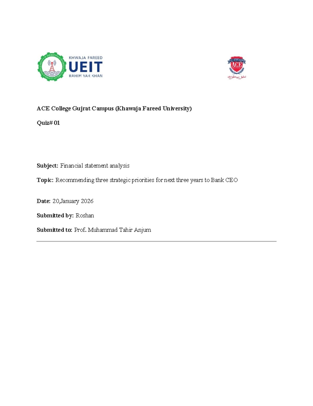 Strategic Priorities for Bank CEO: Financial Statement Analysis (ACE ...