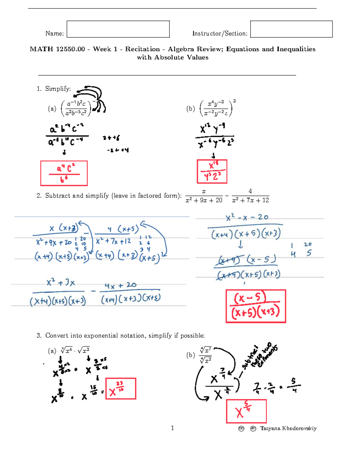 MATH 12550.00 Week 1 Recitation: Algebra Equations & Inequalities - Studocu