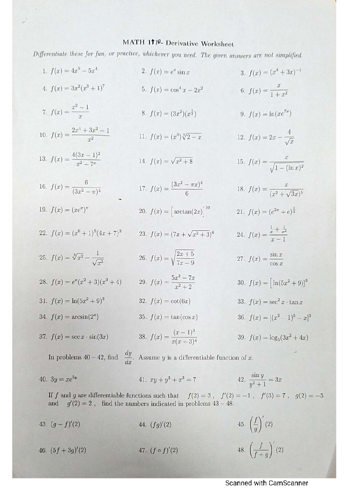 MATH Derivative Worksheet: Practice Problems and Solutions - Studocu
