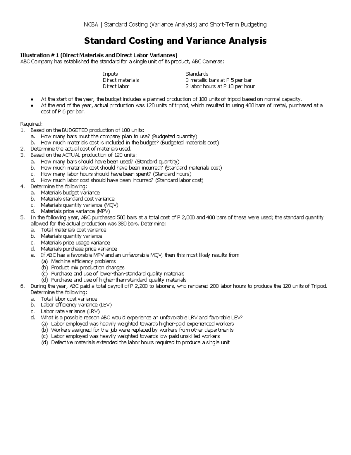 Standard Costing & Variance Analysis: Detailed Study Guide - Studocu