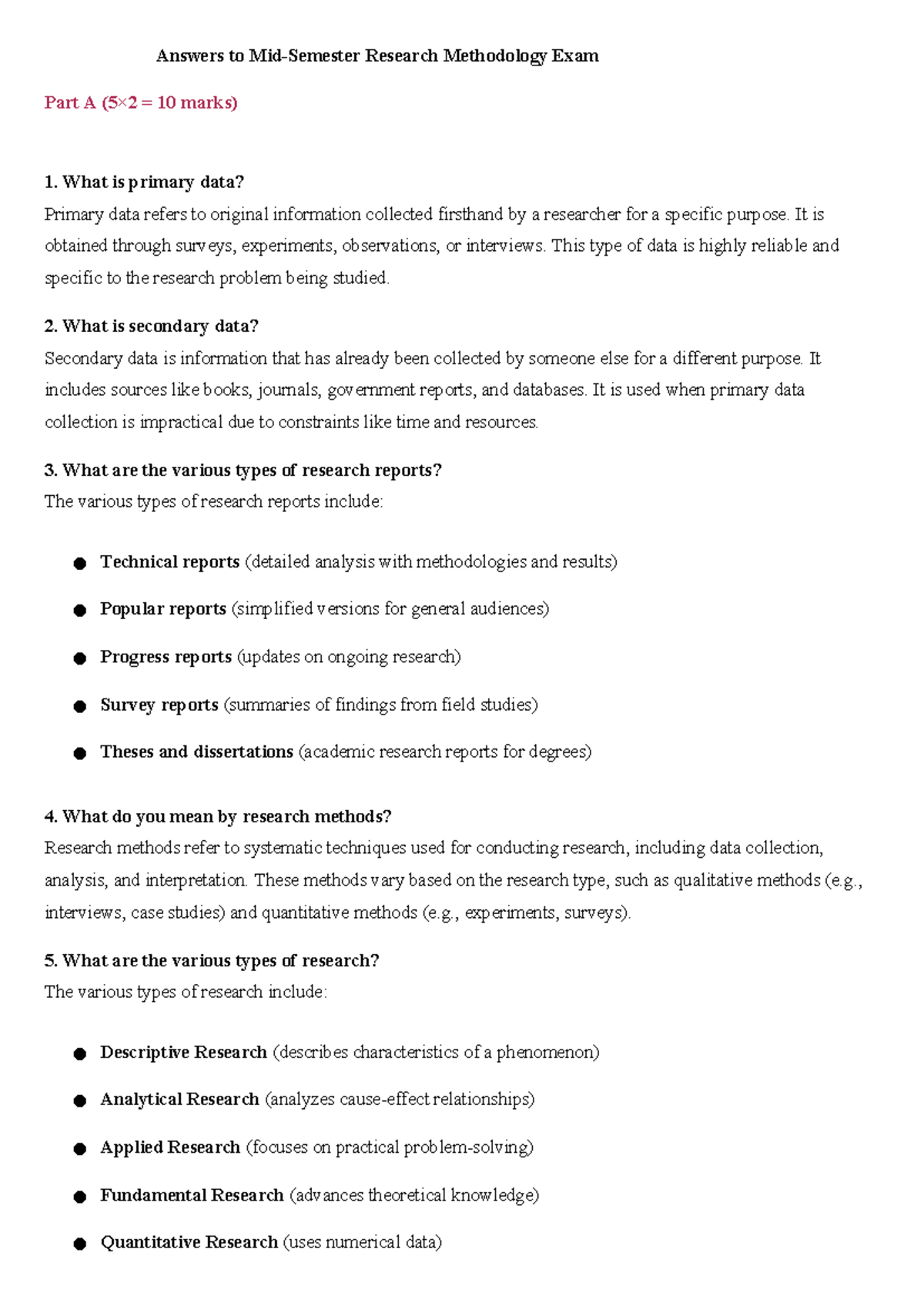 Research Methodology Exam Answers (RM) - Part A & B - Studocu