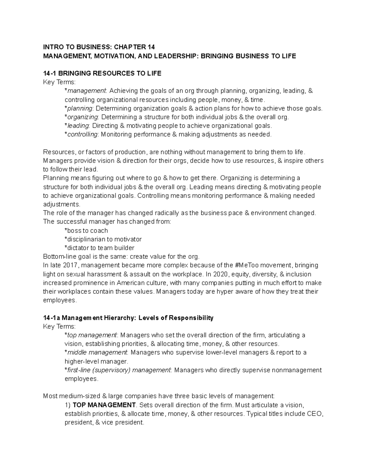 Intro to Business Chapter 14: Management & Leadership Essentials - Studocu