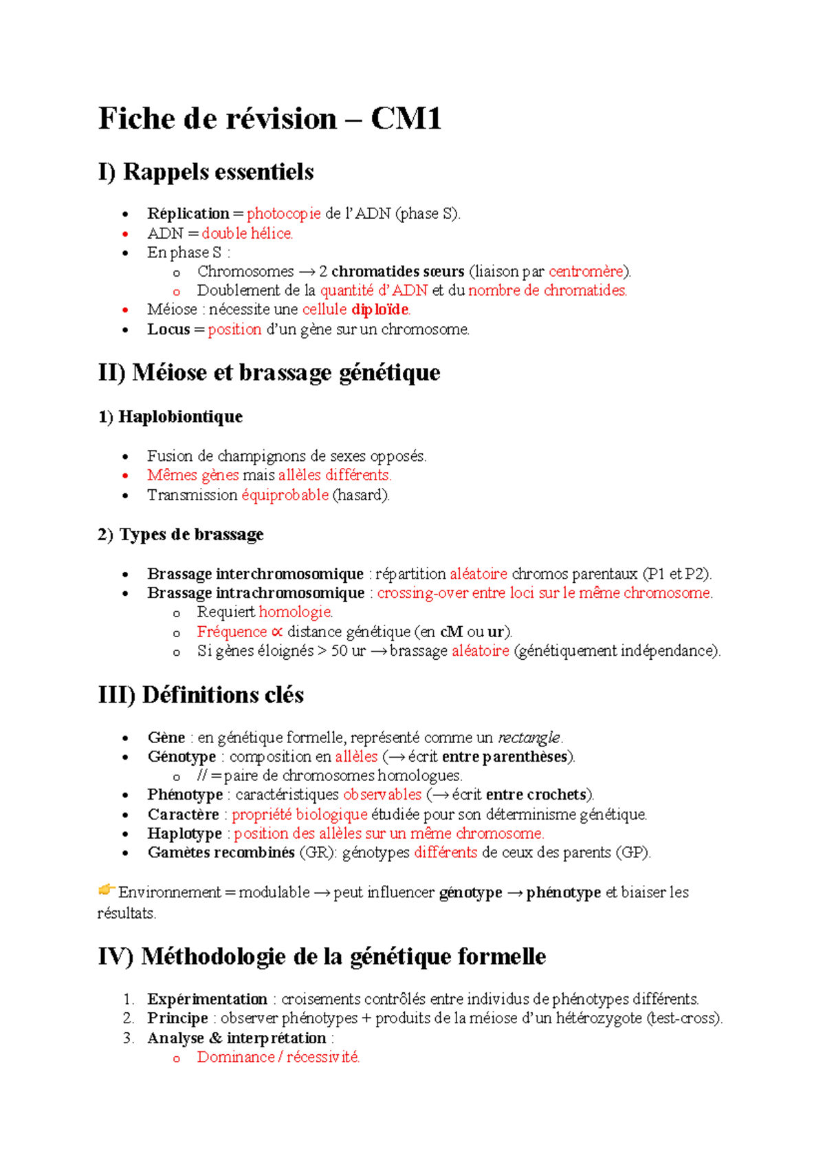Fiche de révision CM1 Génétique : Concepts et Méthodologie - Studocu