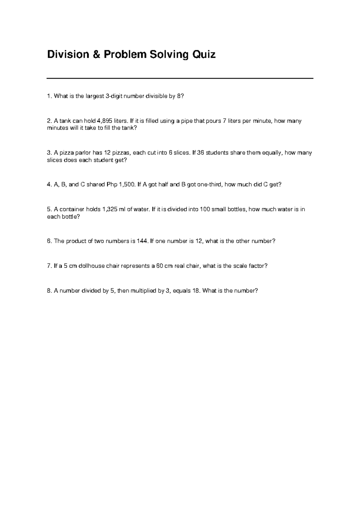 Math Quiz 1: Division Problem Solving (MATH101) - Studocu