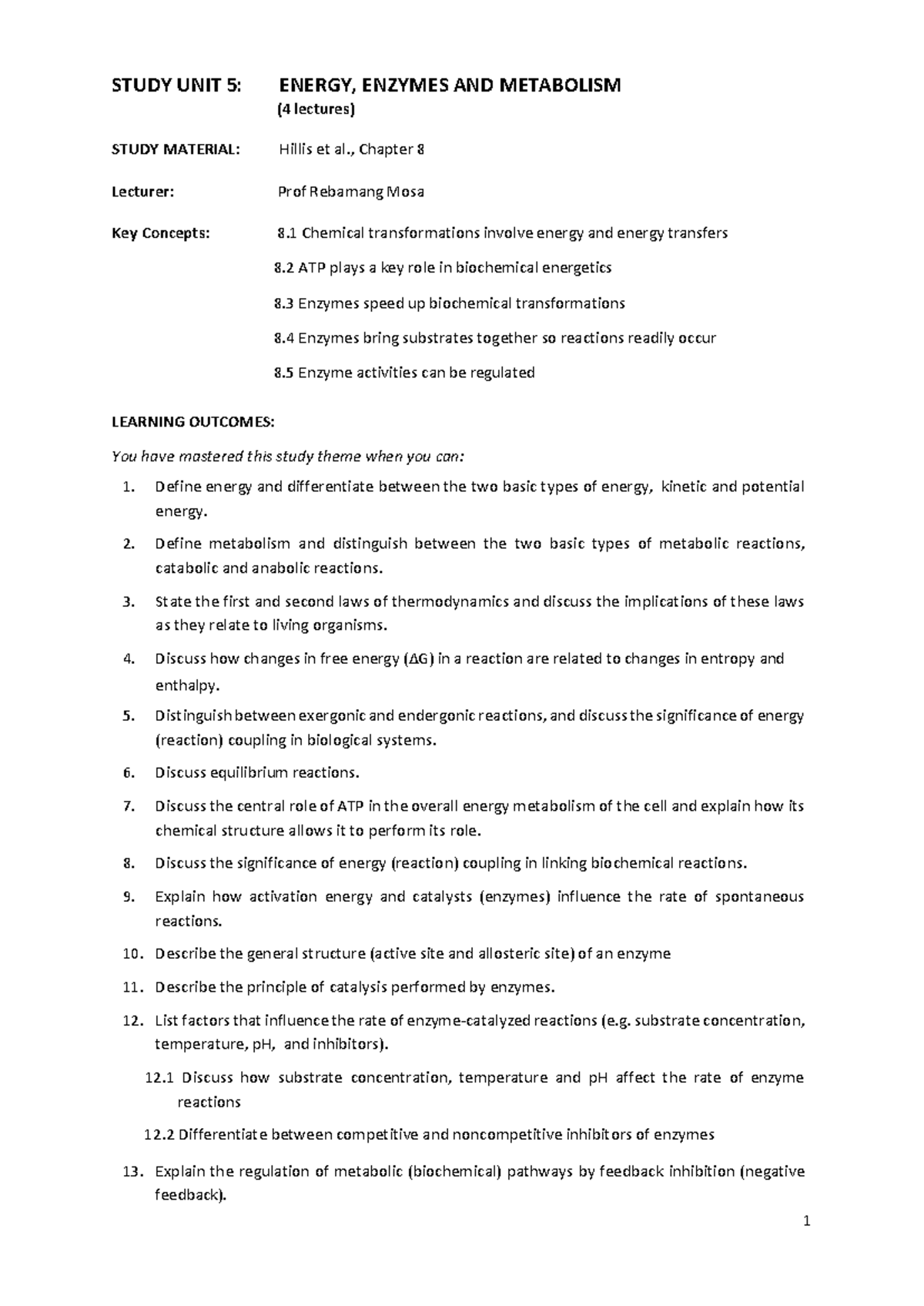 Study Unit 5: Energy, Enzymes and Metabolism - Studocu